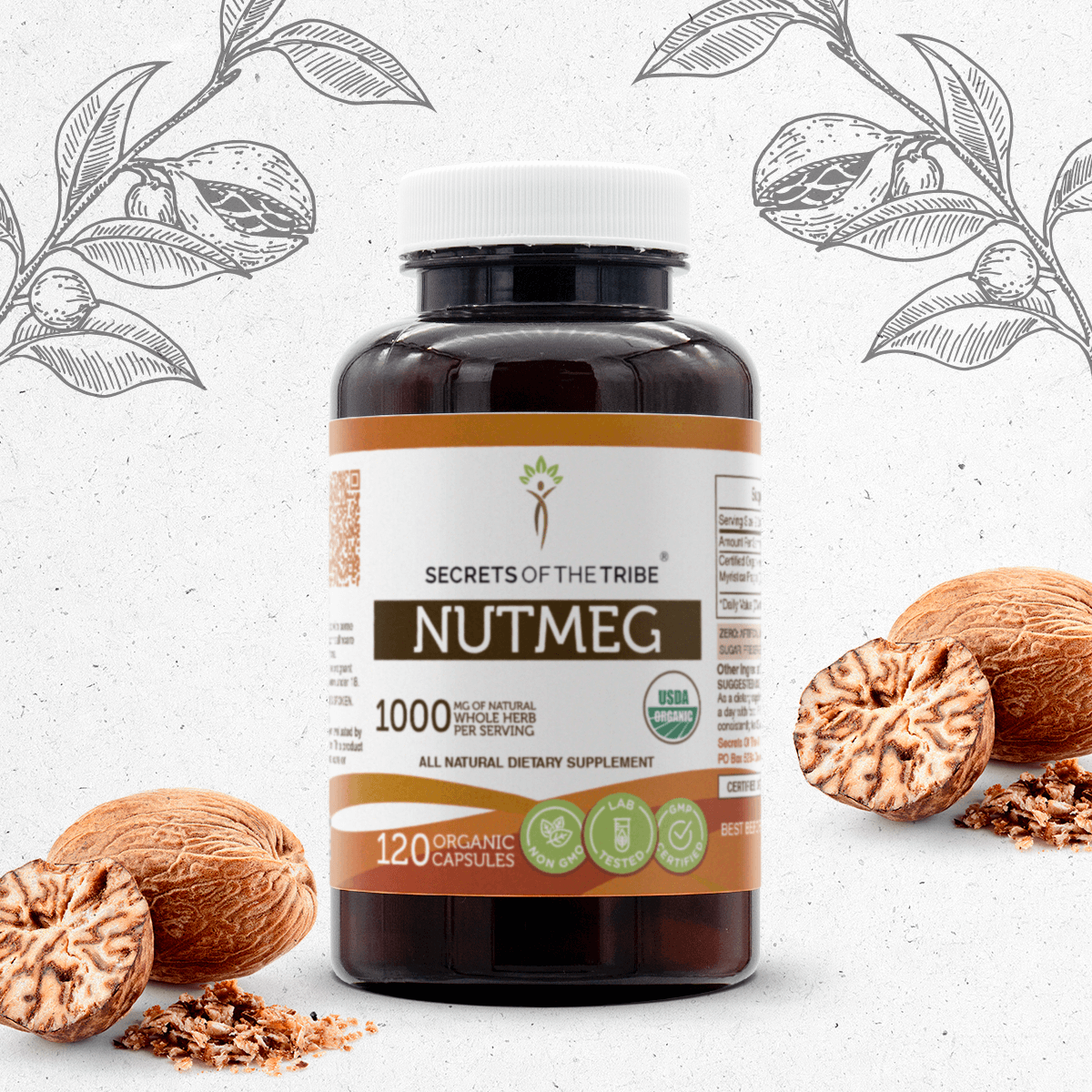 Secrets of the Tribe Nutmeg 120 Capsules, 500 mg, Organic Nutmeg (Rou ...