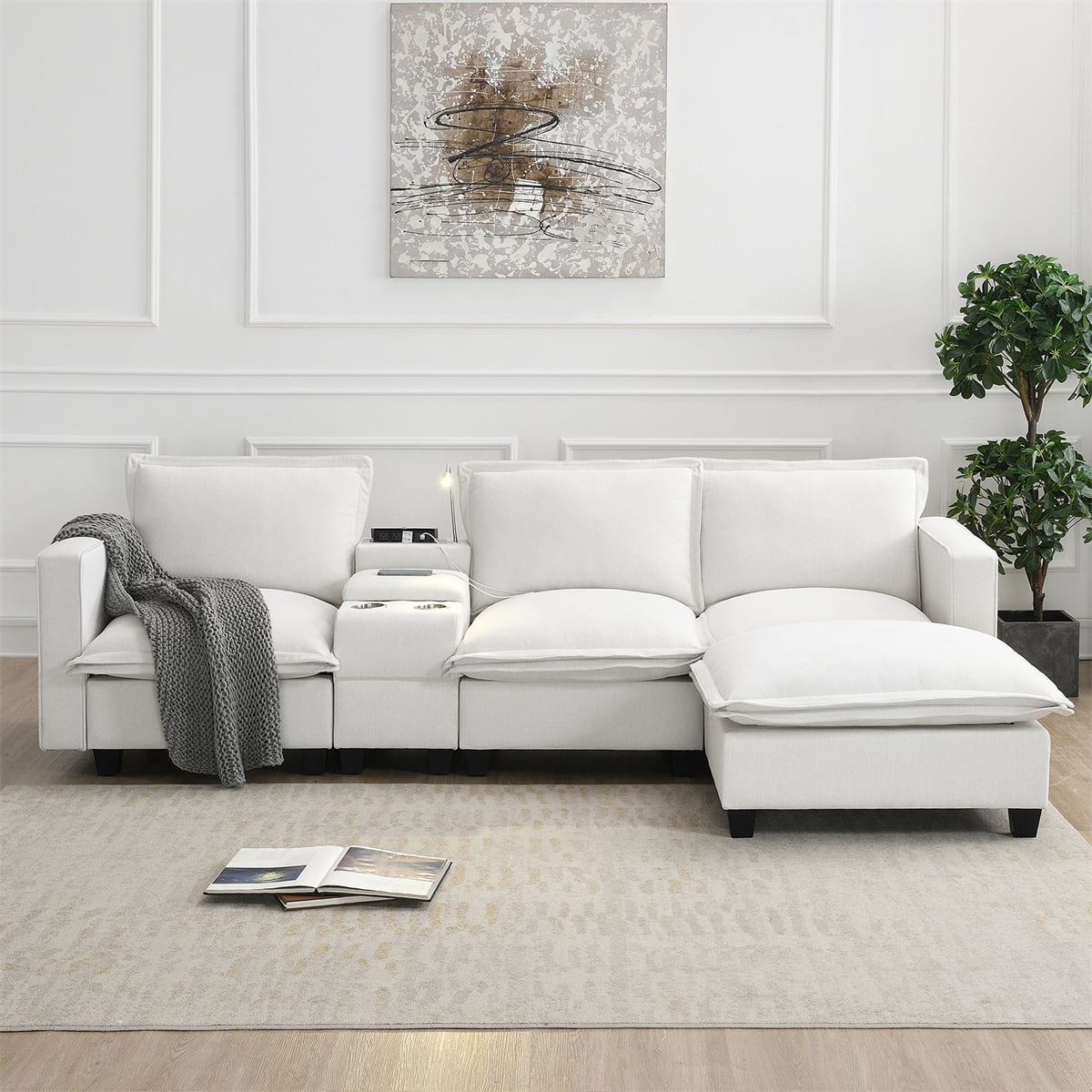 Sectional Cloud Sofa with Console, Modern 4 Seat Sofa Couch with USB ...