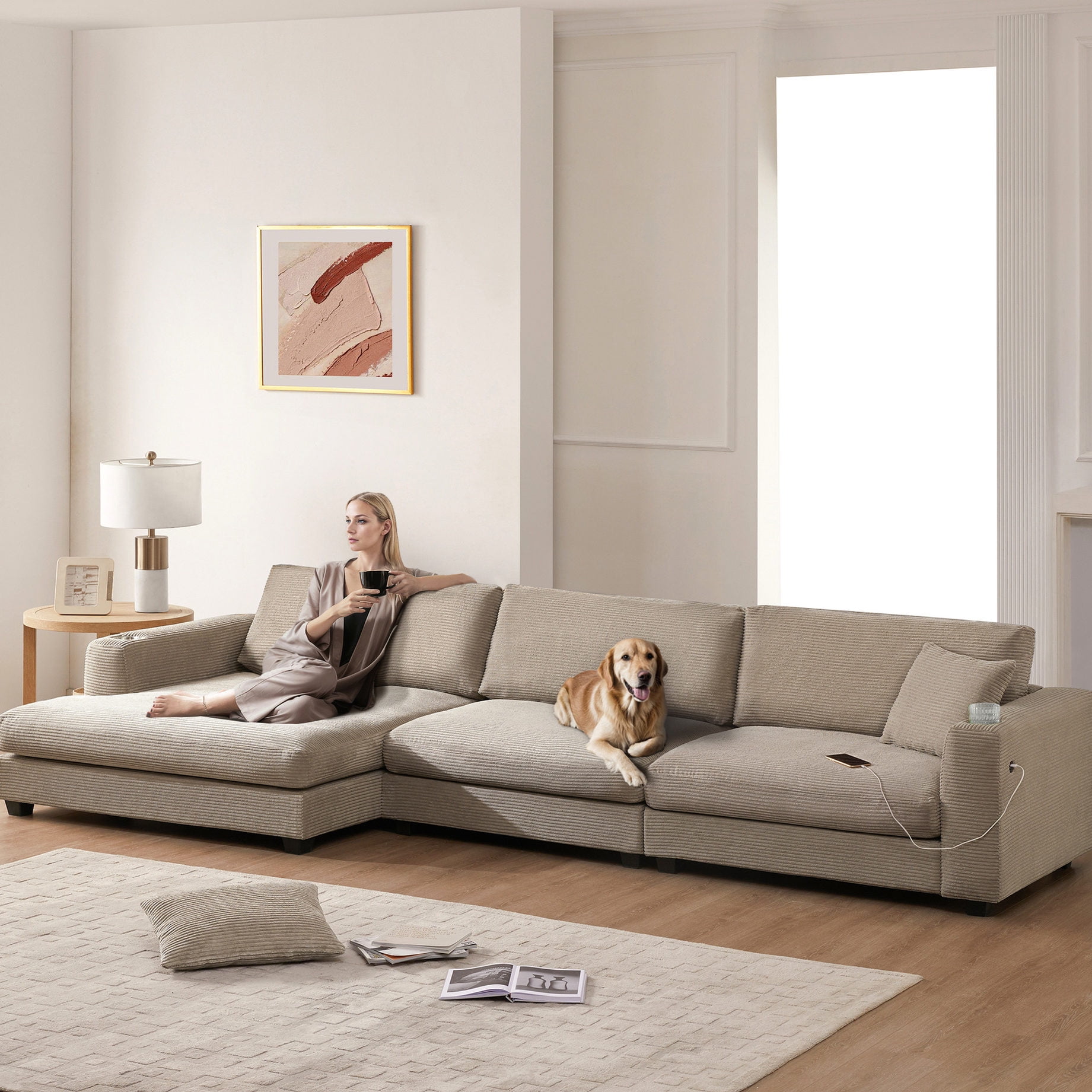 Sectional Corduroy Sofa with Multiple Seating Positions and Charging ...