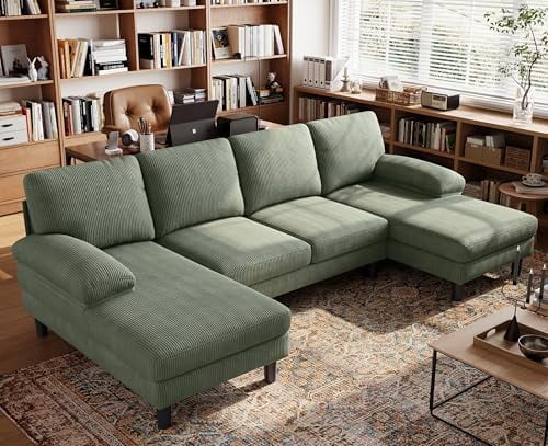 Sectional Couch, 111'' W Corduroy U Shaped Sofa with Sleepable Armrests ...