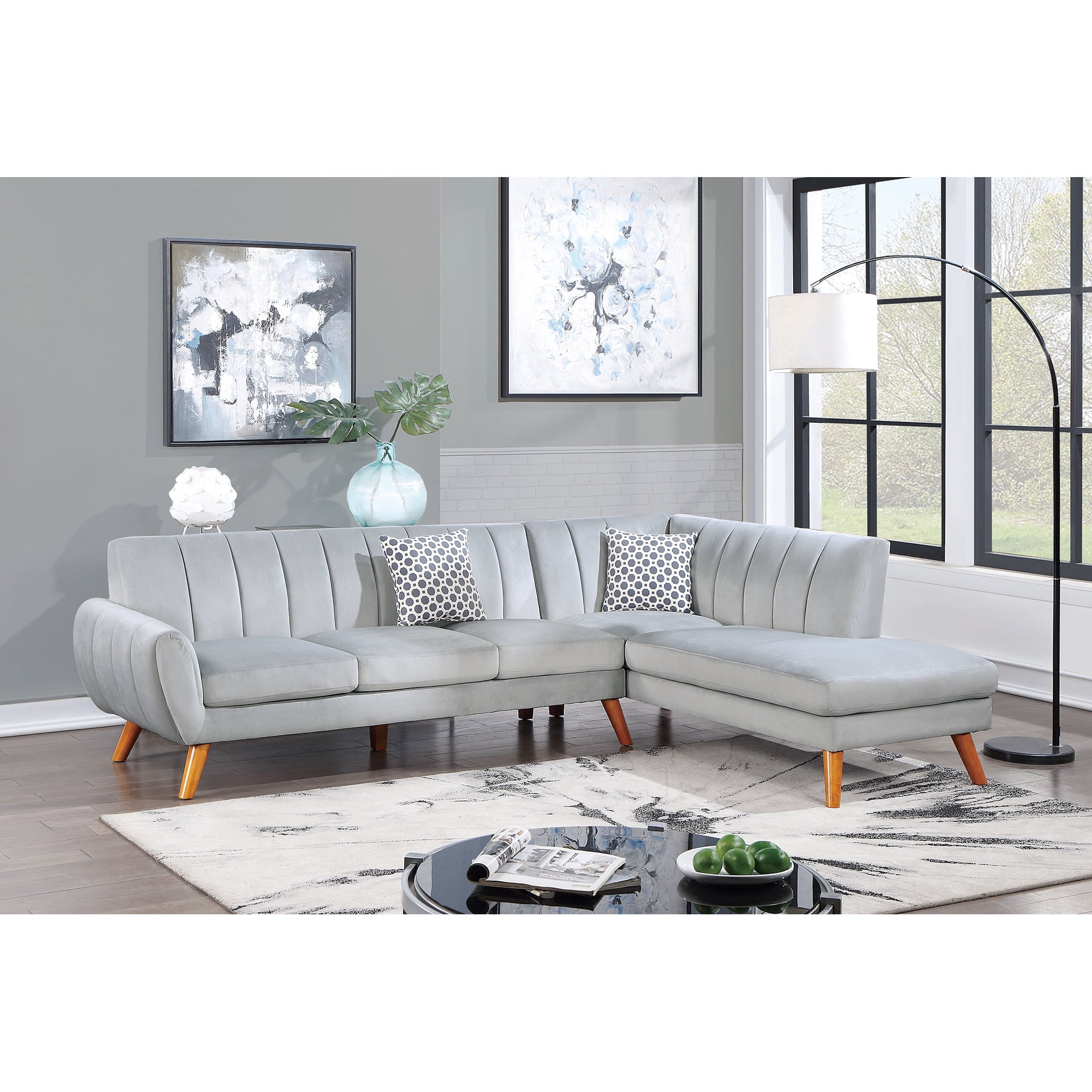 Sectional Couch - 2pc In Gray Velvet, Wood Frame Included Velvet With ...