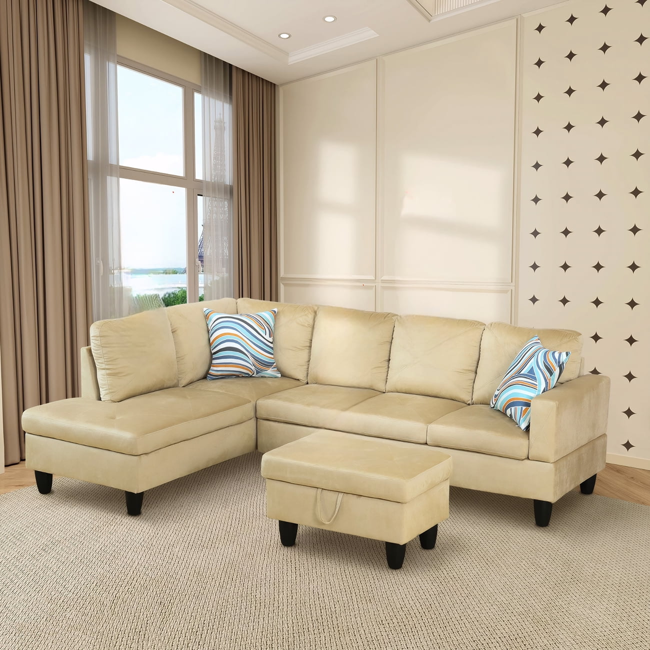 Sectional Couch for Living Room Furniture Sets, Beige Microfiber L ...