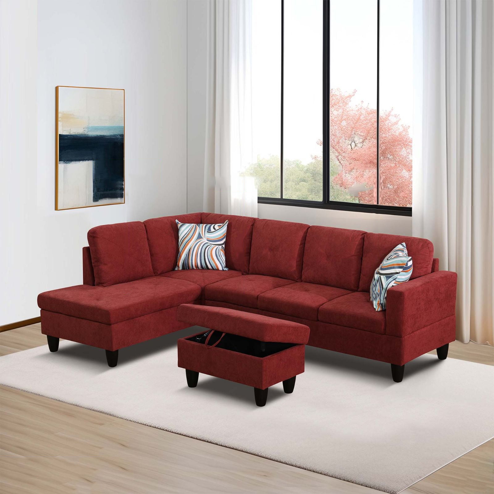 Sectional Couch for Living Room Furniture Sets, Red Flannelette L Shape ...