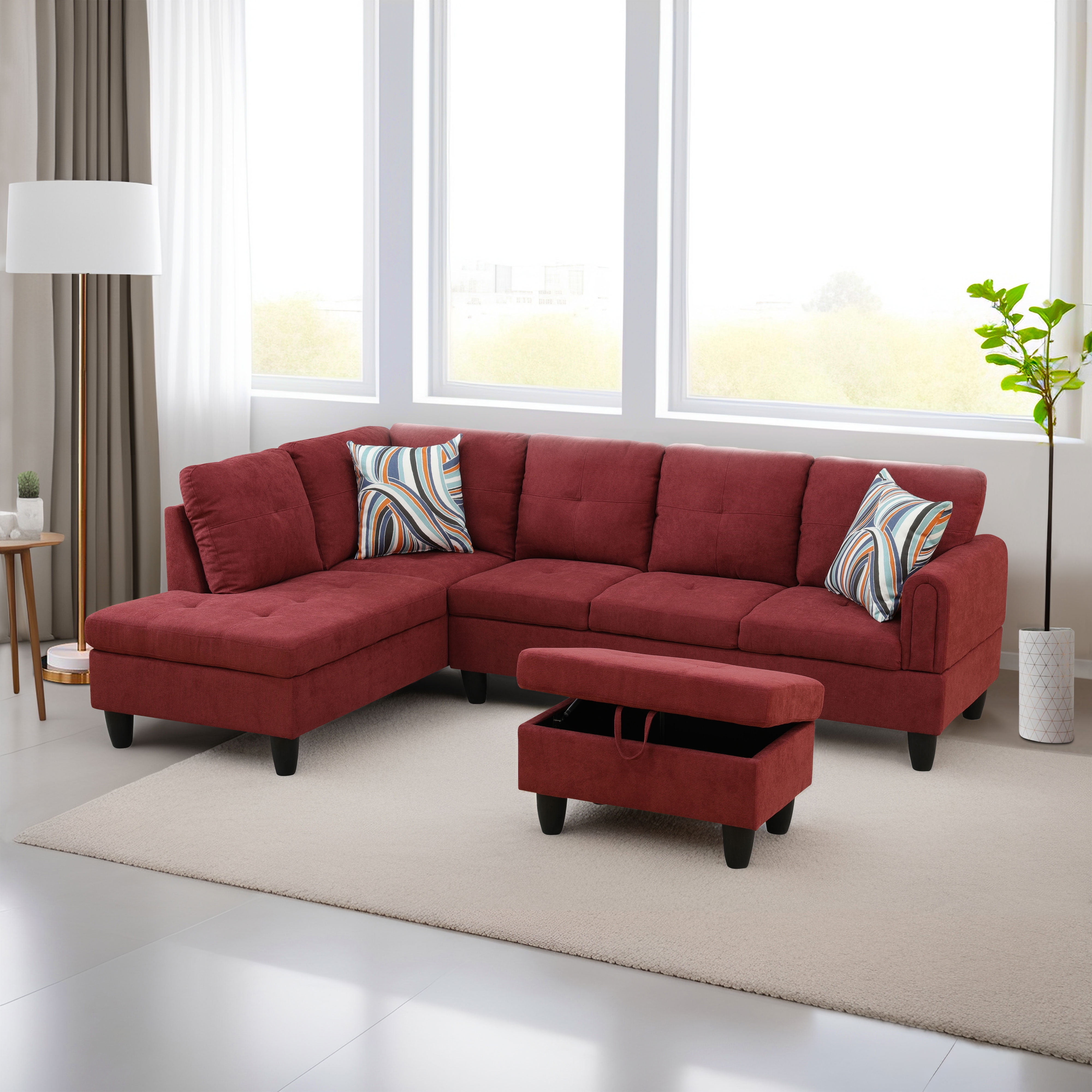 Sectional Couch for Living Room Furniture Sets, Red Fluffy Fabric L ...