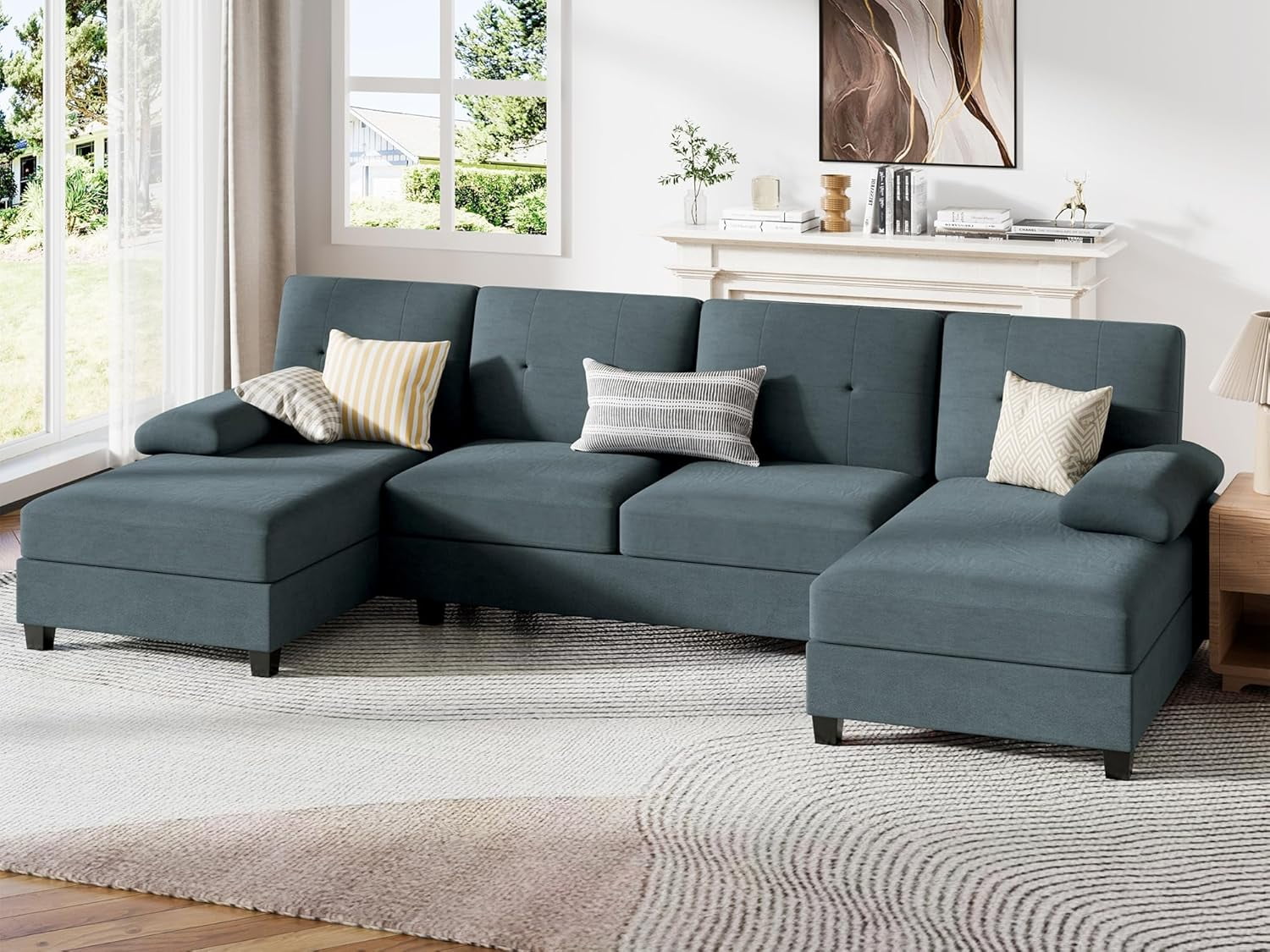 Sectional Couche with Soft Cushion, U-Shaped Sofa with Double Chaise, 4 ...