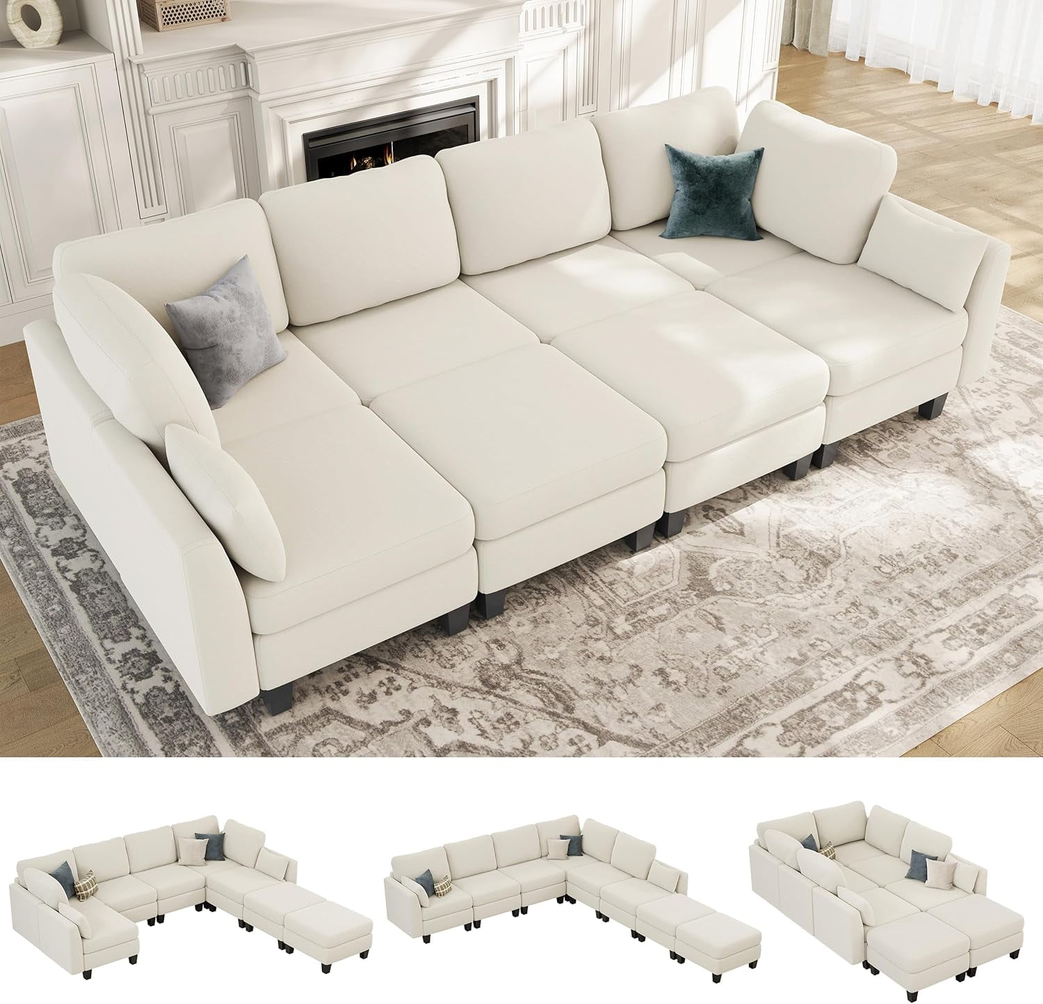 Sectional Sleeper Sofa, 8 Seaters Beige Modular Sleeper Sofa Couch, Comfy Sectionals Couches Bed ...