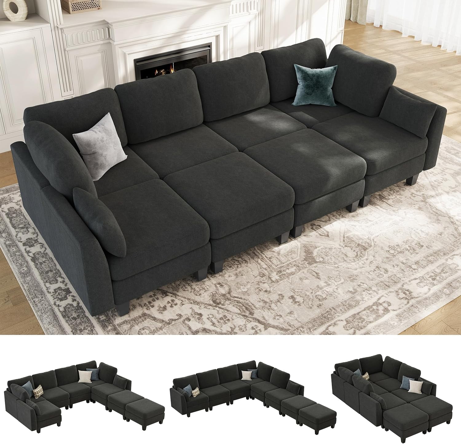 Sectional Sleeper Sofa, 8 Seaters Dark Grey Modular Sleeper Sofa Couch ...
