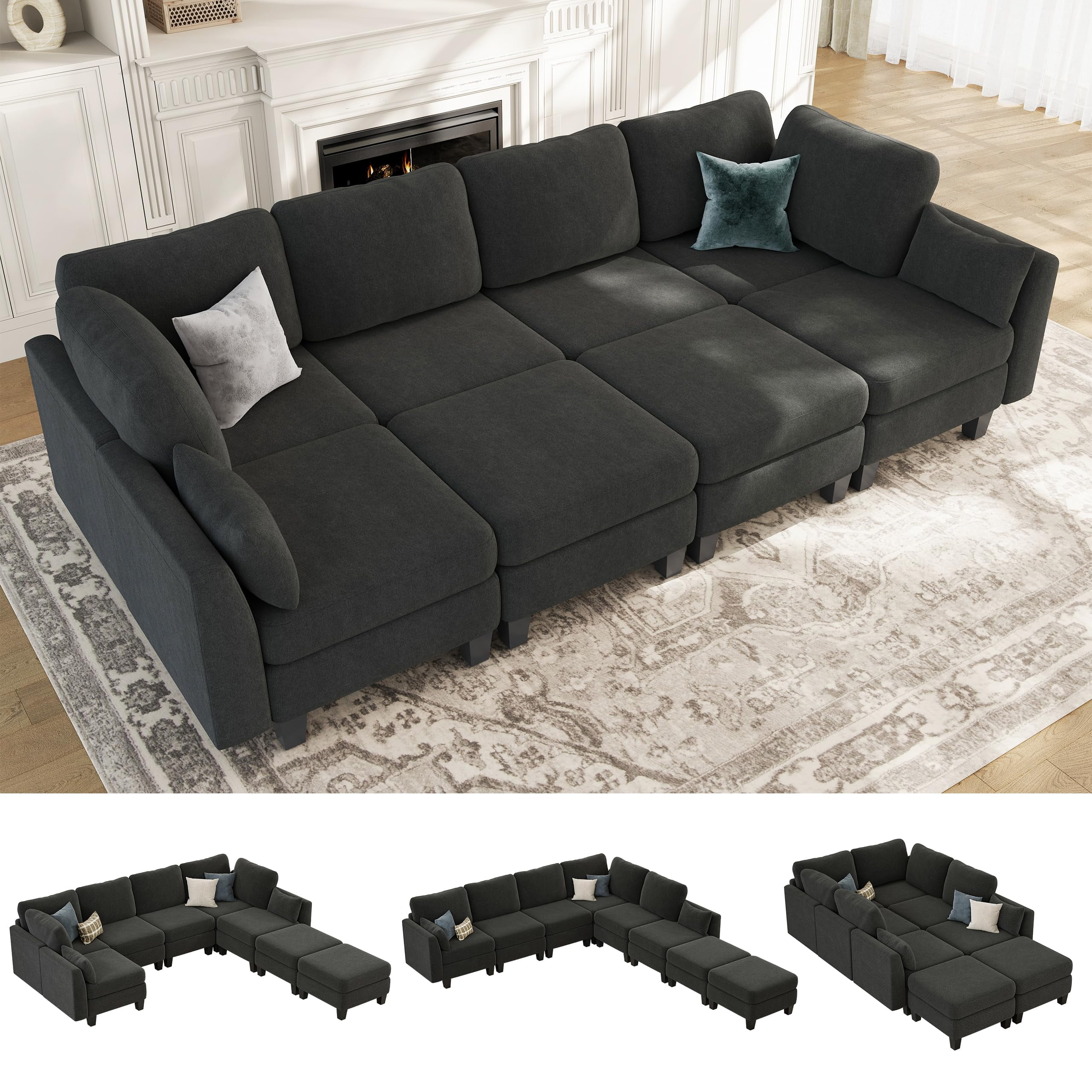 Sectional Sleeper Sofa, 8 Seaters Dark Grey Modular Sleeper Sofa Couch ...