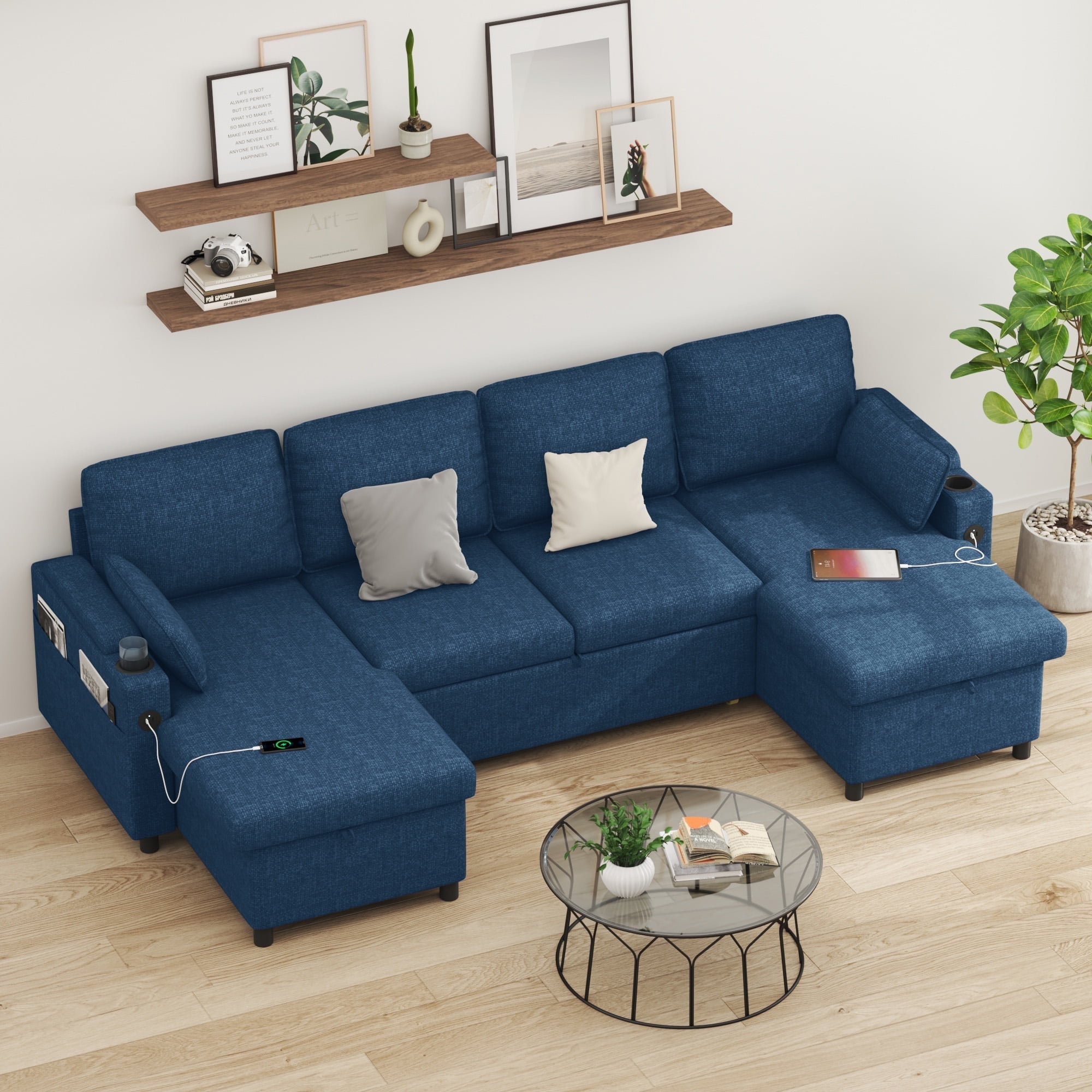 Sectional Sleeper Sofa U shaped Charging Couch with Usb Storage Chaise ...