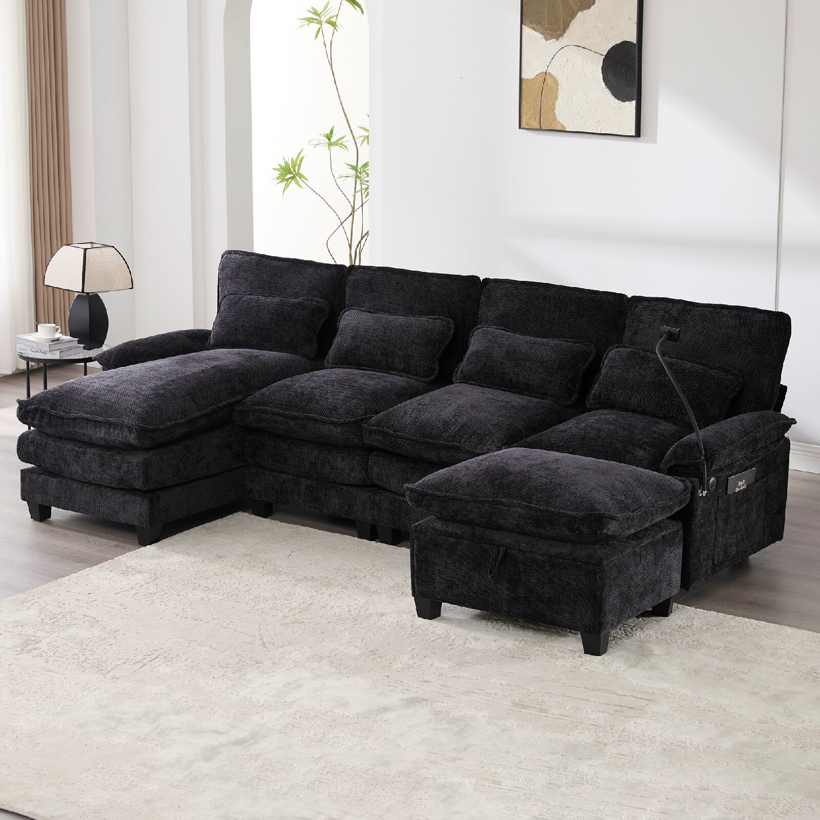 Sectional Sofa Cloud Couch with Charging Station and Storage Ottoman, U ...