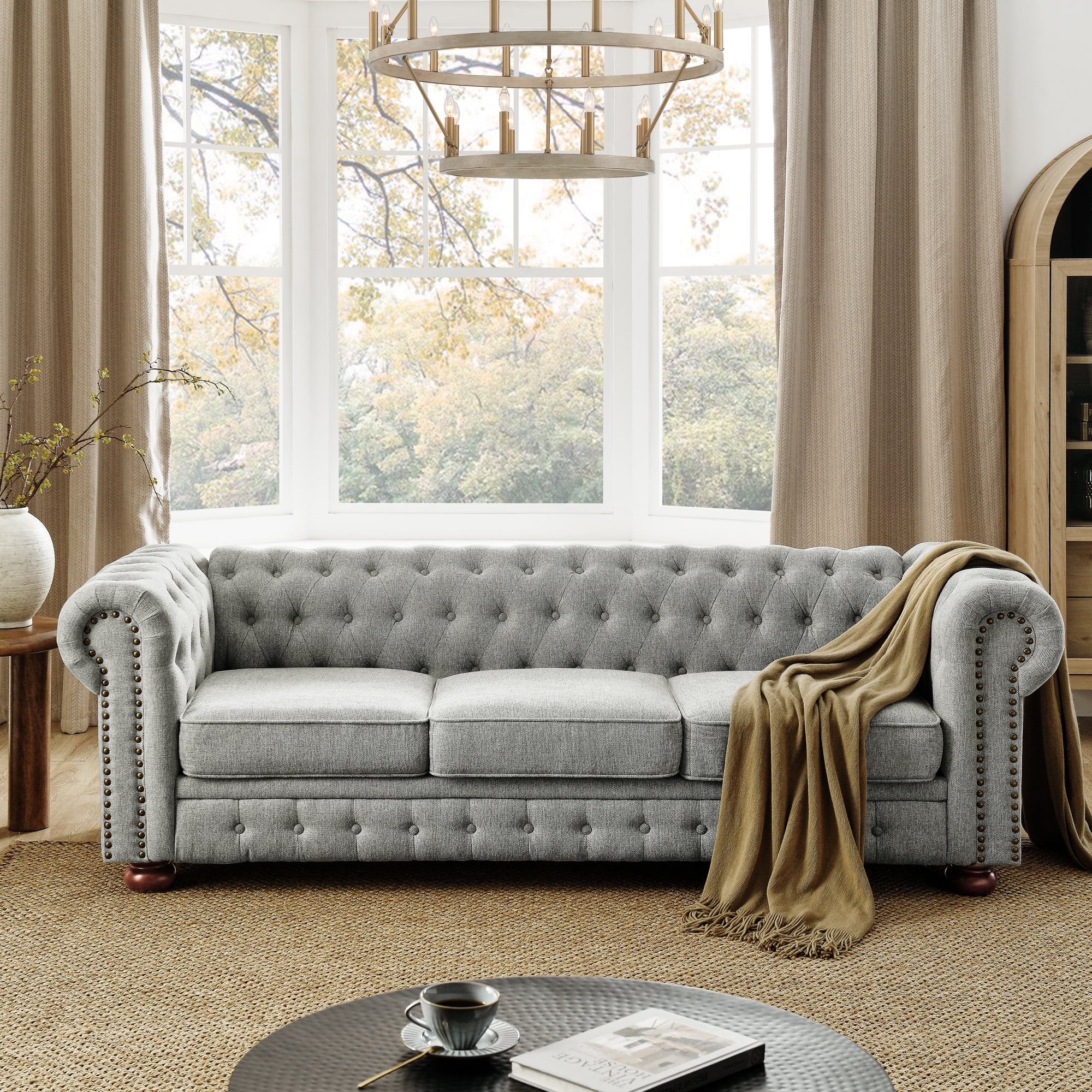 Sectional Sofa Couch, 3 Seaters Modern Upholstered Sofa with Roller ...