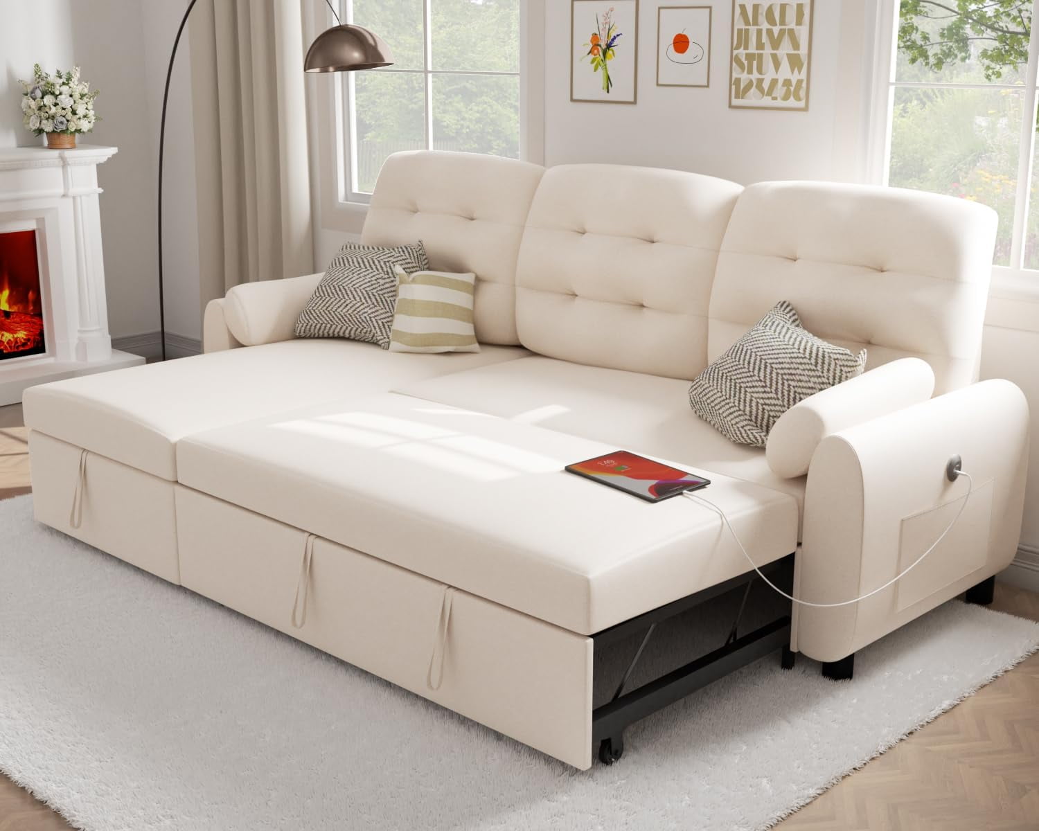 Sectional Sofa Couch, 87" Sleeper Sofa Bed with Reversible Storage ...
