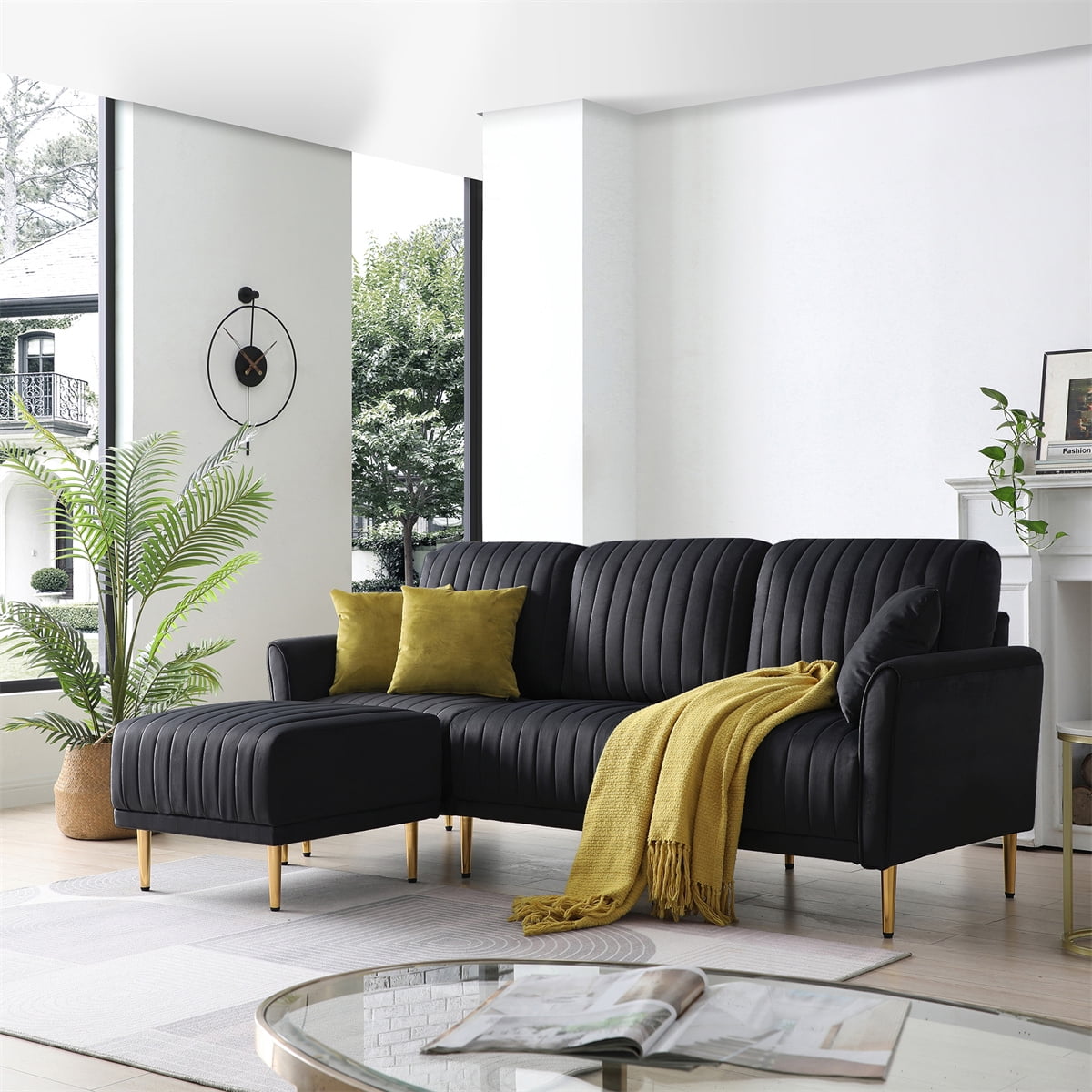 Sectional Sofa Couch, L-shaped Velvet Sofa Couch with Three-seat Sofa ...