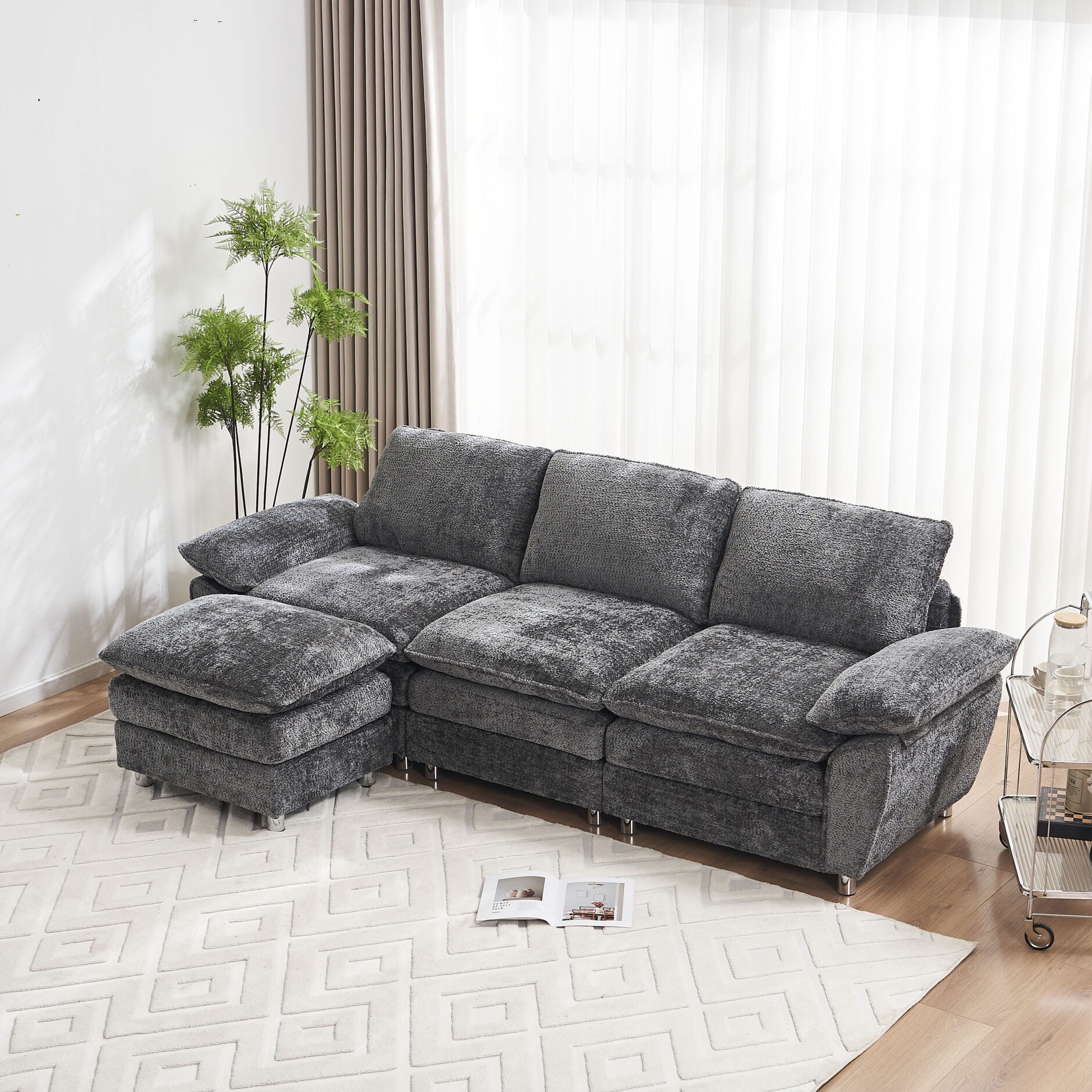 Sectional Sofa with Ottoman Modern Deep 3-Seat Sofa Couch with Ottoman ...