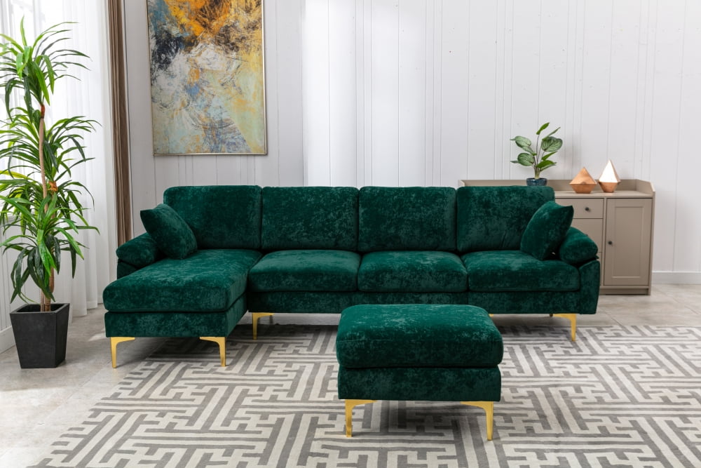 Sectional Sofa Set with Movable Ottoman, Modern Upholstered Accent Sofa ...