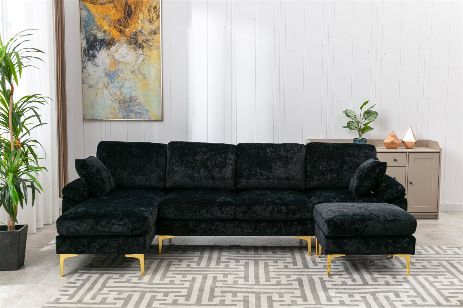 Sectional Sofa Set with Movable Ottoman, Modern Upholstered Living Room ...