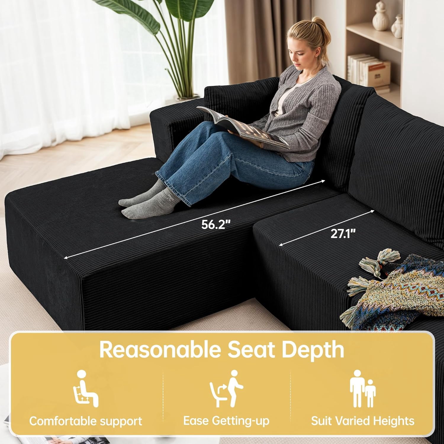 Sectional Sofa with L-Shape Chaise, Deep Design for Living Room, Black ...