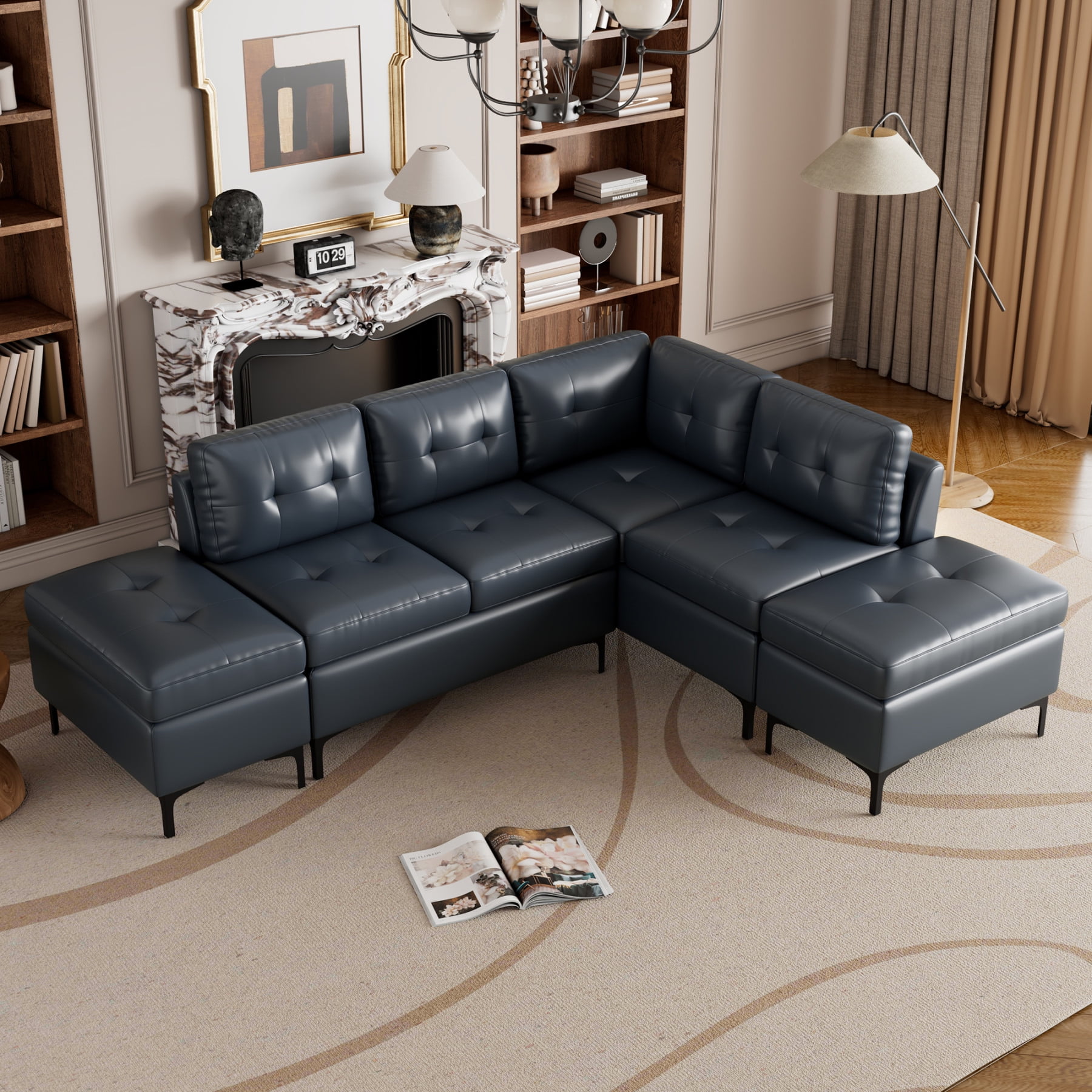 Sectional Sofa with Movable Storage Ottomans, L-Shaped Corner Sofa PU ...