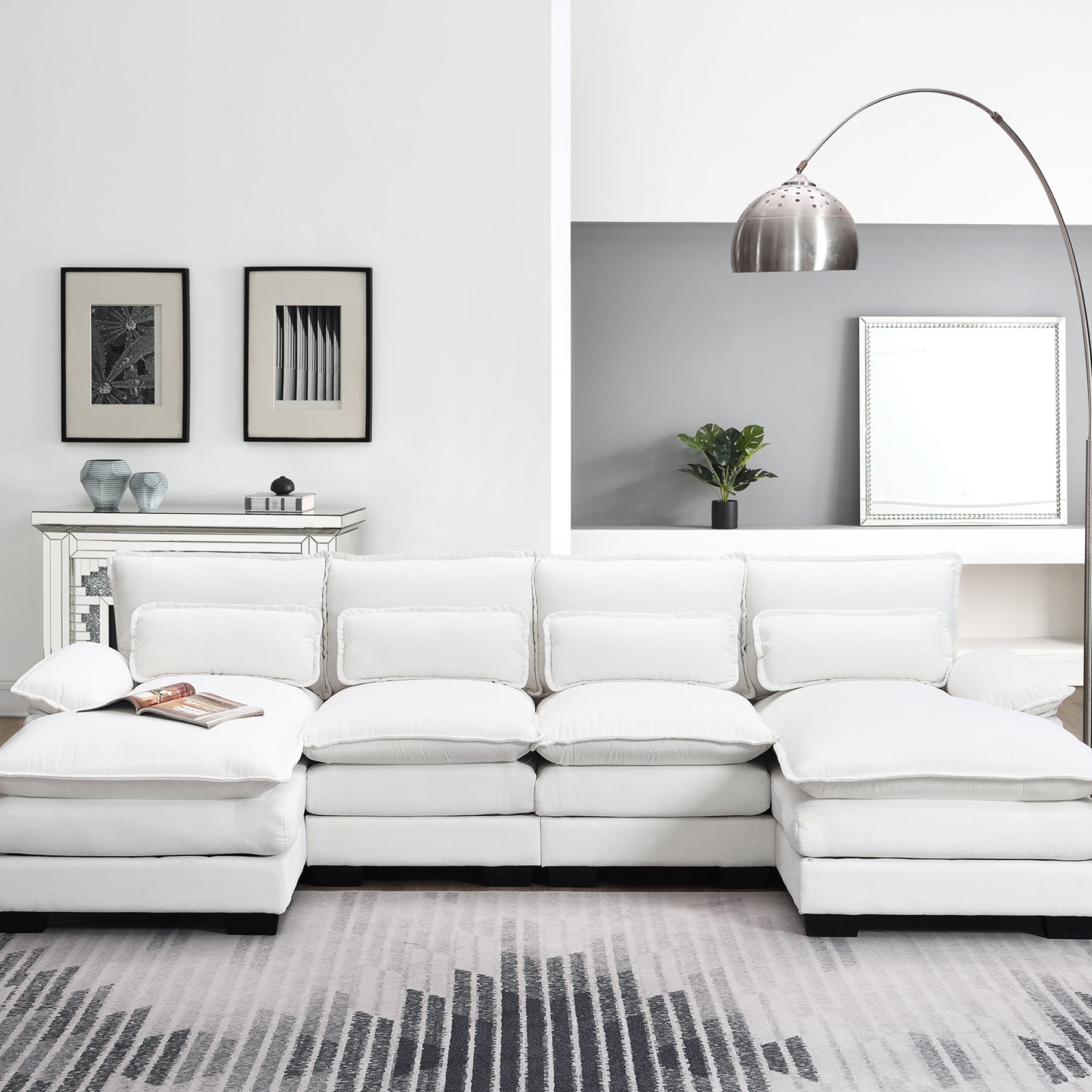 Sectional With 6 Seats And Lumbar Pillows Stylish U-shaped Couch Foam ...