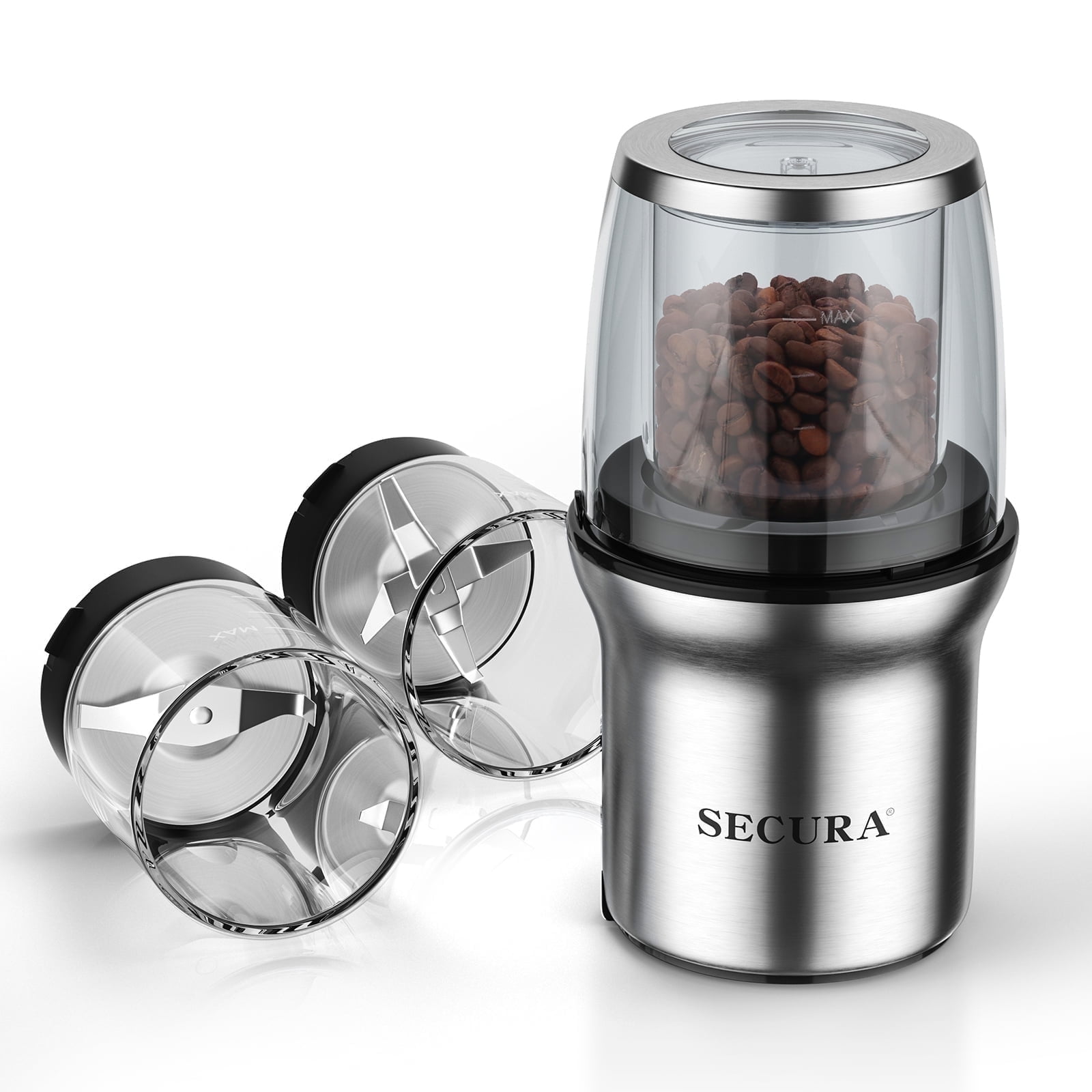 Secura Electric Coffee Grinder and Spice Grinder with 2 Glass Removable ...