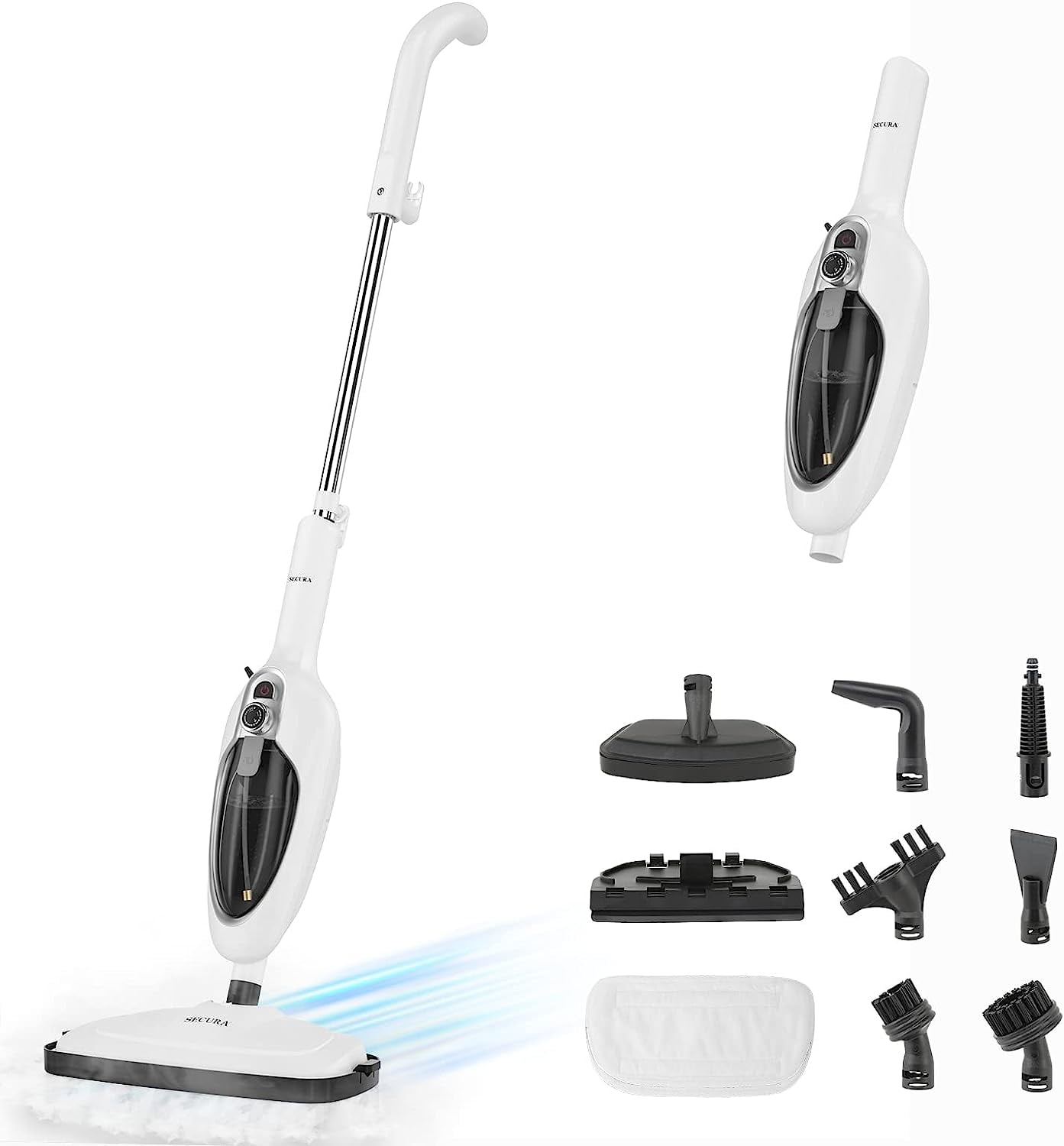 Secura Steam Mop 10-in-1 Convenient Detachable Steam Cleaner, White Multifunctional Cleaning ...