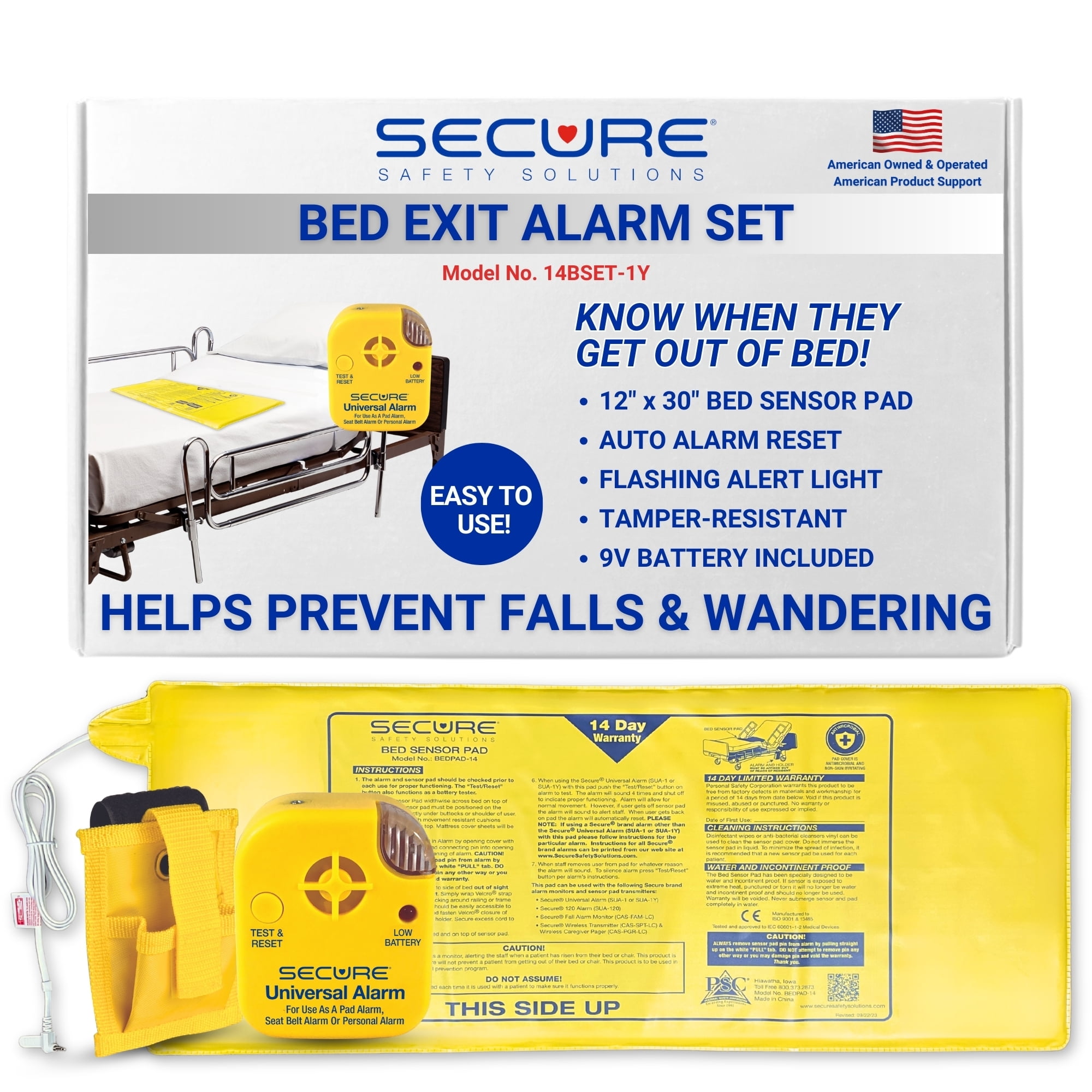 "Secure Bed Exit Alarm for Seniors - 12"" x 30"" Sensor Pad, 80 dB ...