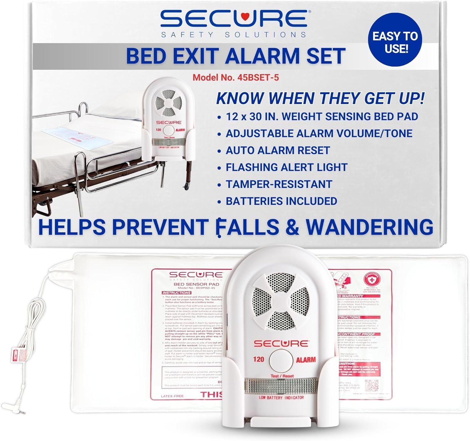 Secure Bed Alarm for Elderly Adults - 80-120 dB Patient Monitor,12" x ...