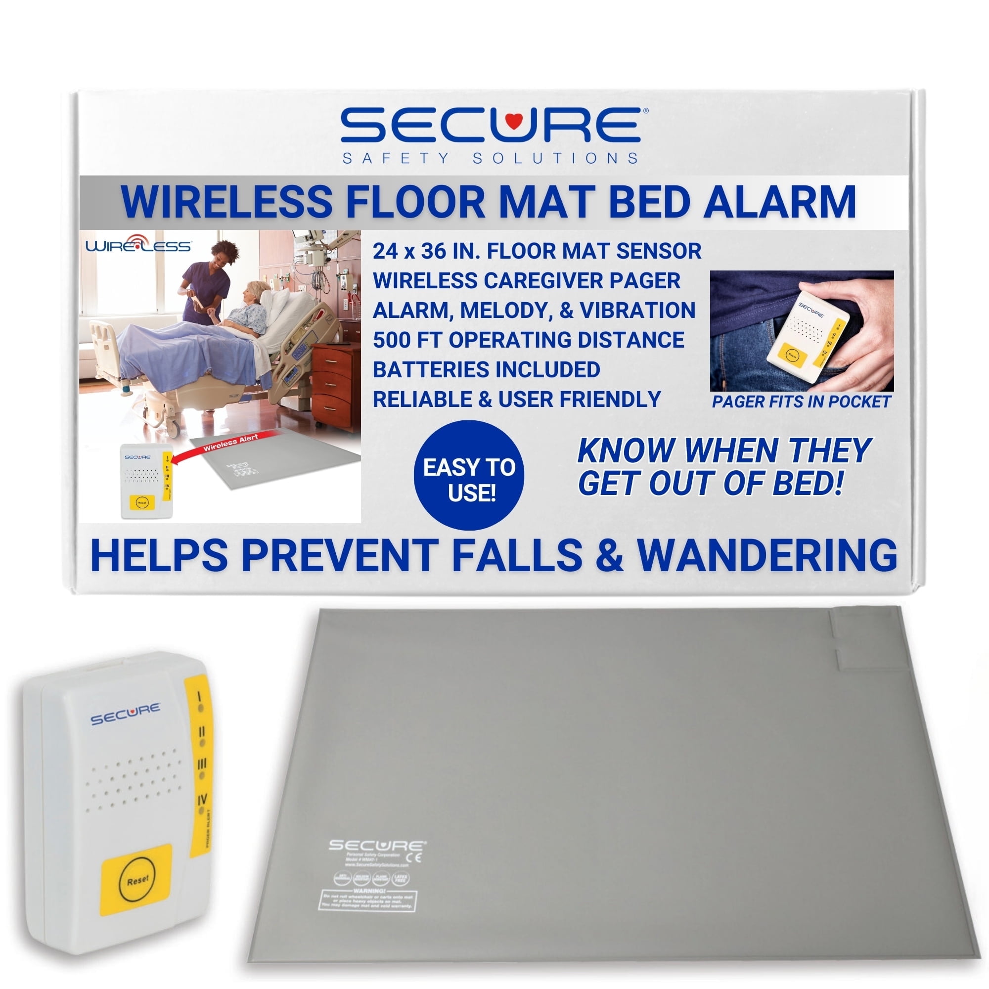 Secure Bed Alarm for Elderly Adults - Wireless 24" x 36" Floor Mat ...