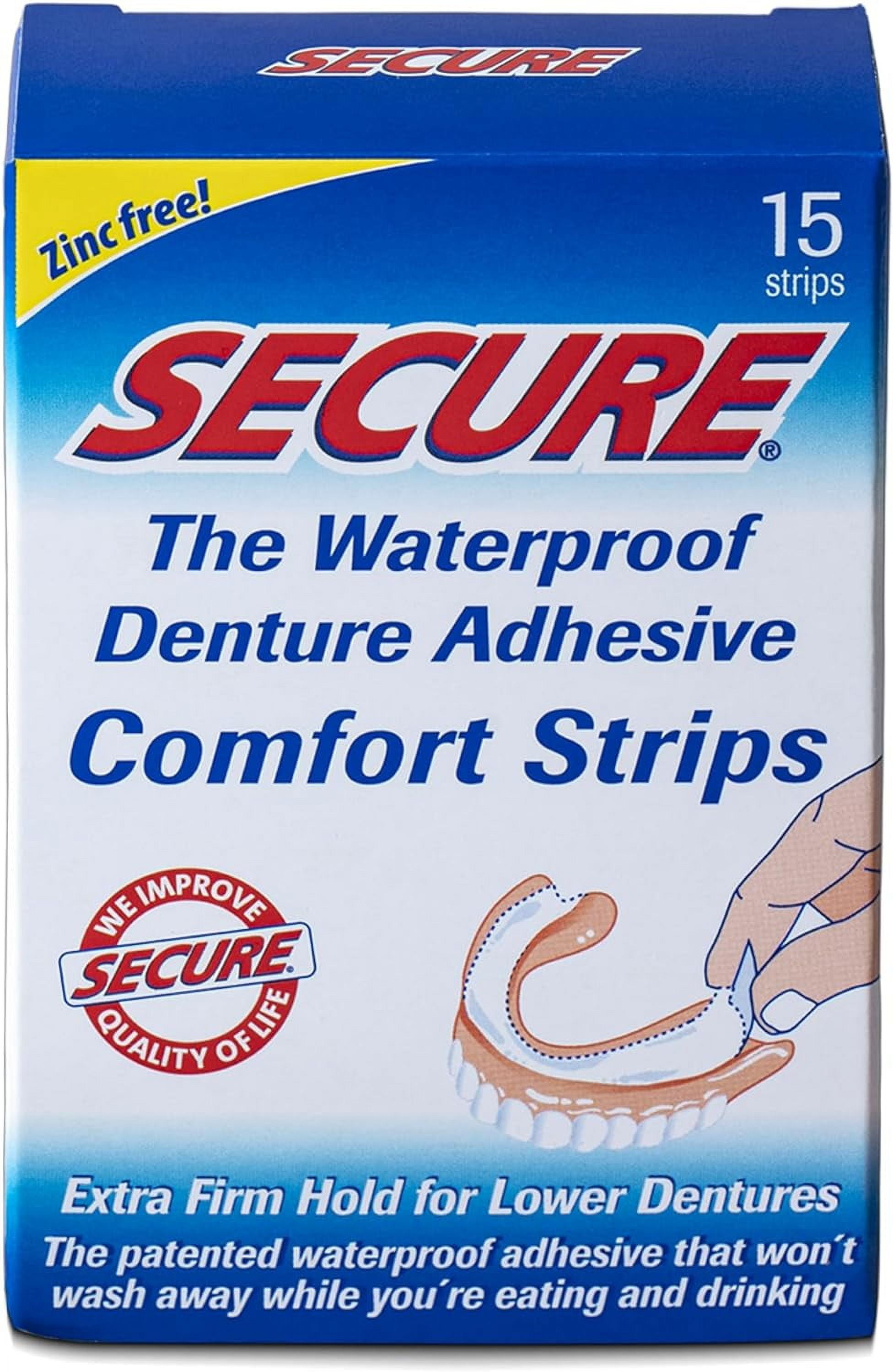 Secure Comfort Strips Waterproof Denture Adhesive - Zinc Free - Extra ...