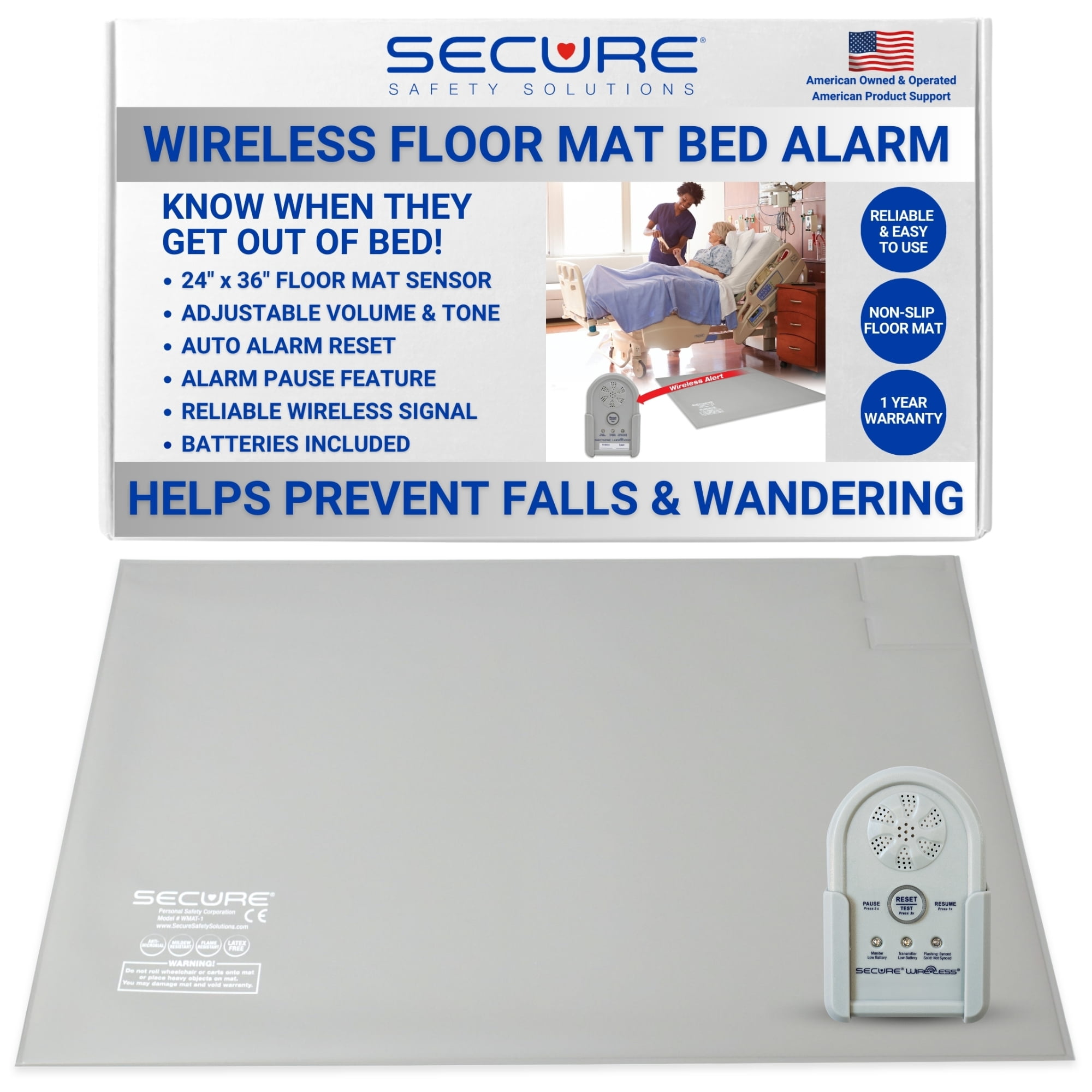 Secure Wireless Floor Mat Sensor Bed Alarm for Elderly Adults - 24"x36 ...