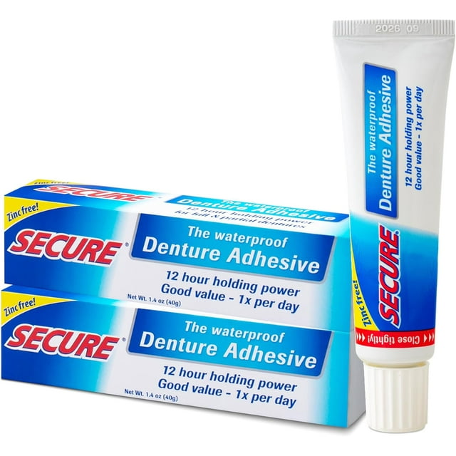 Secure Waterproof Denture Adhesive - Extra Strong 12 Hour Hold, Zinc ...