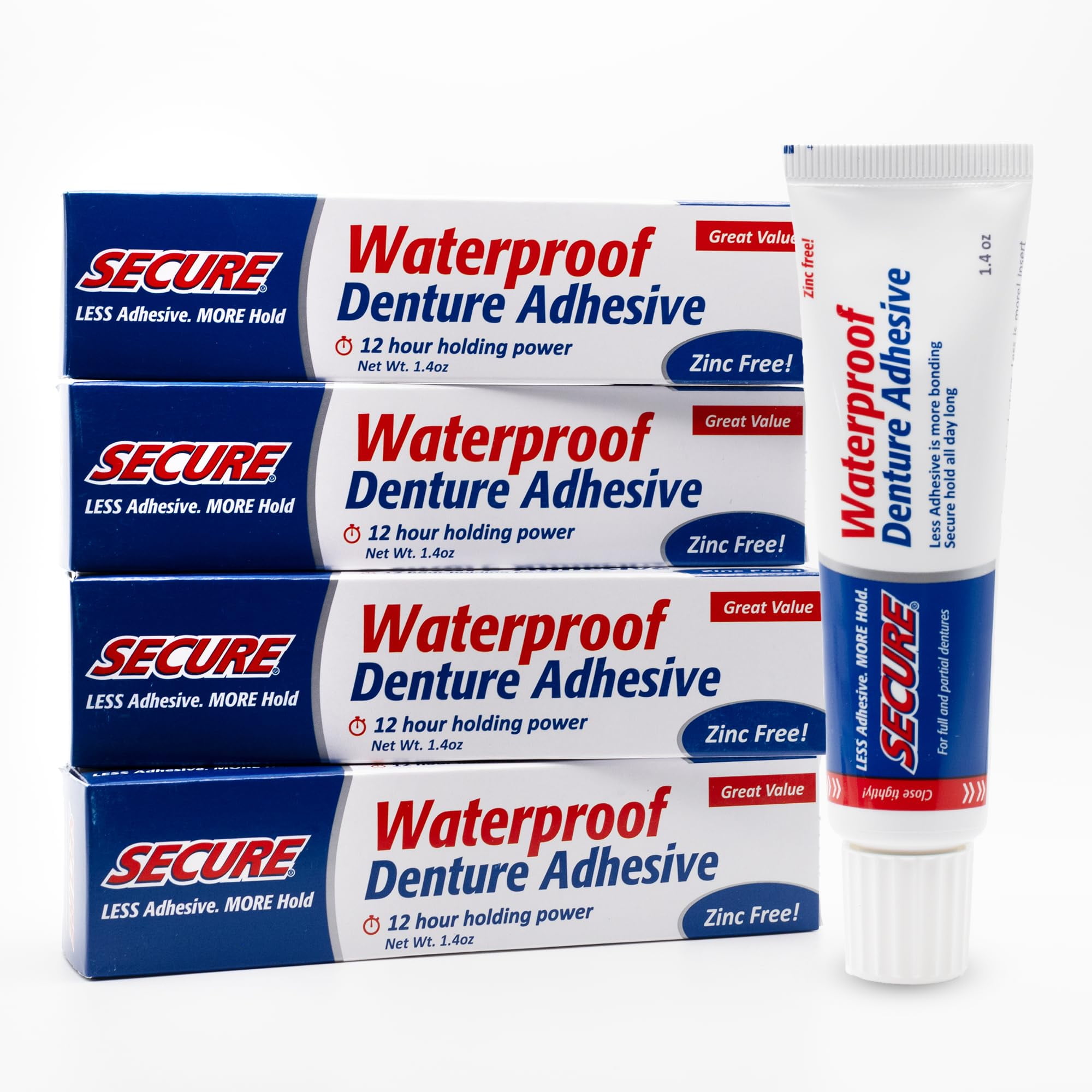 Secure Waterproof Denture Adhesive - Zinc Free - Extra Strong 12 Hour ...