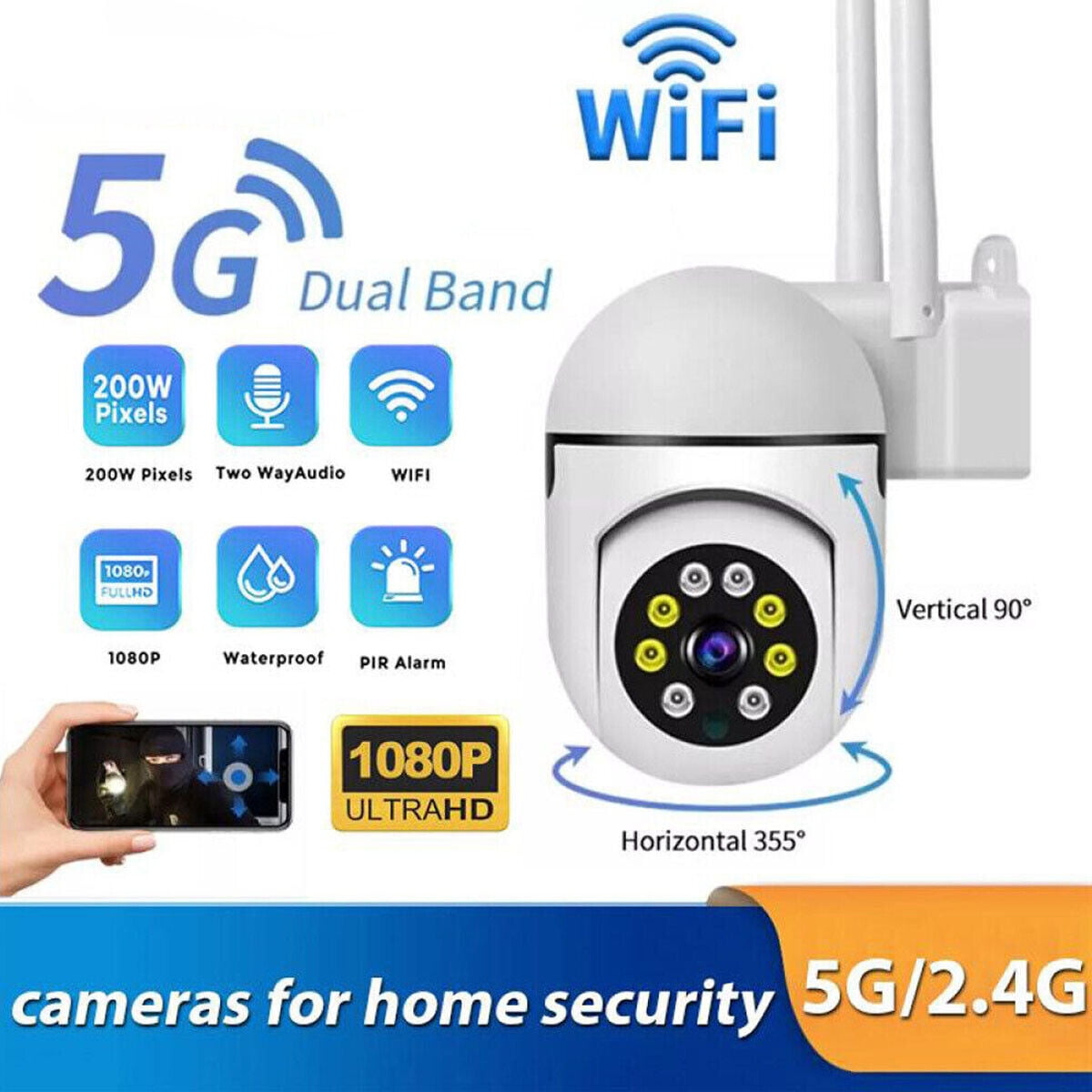 Security Camera Wireless WiFi, 360° PTZ WiFi Surveillance Cameras for ...