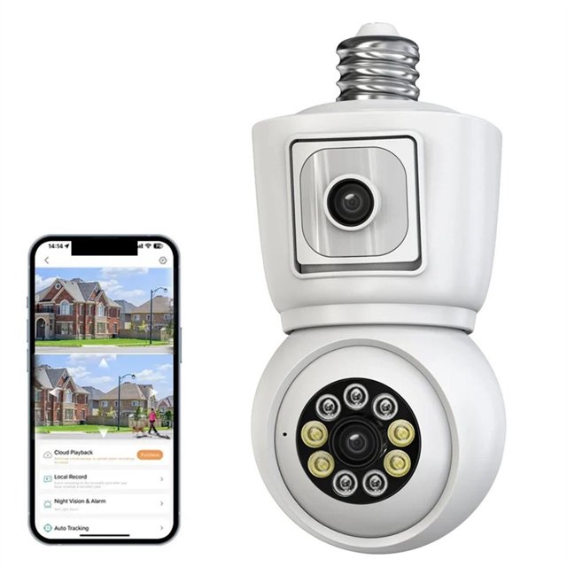 Security camera， 4K 6MP E27 Bulb Camera Dual Lens Dual Screen Auto ...