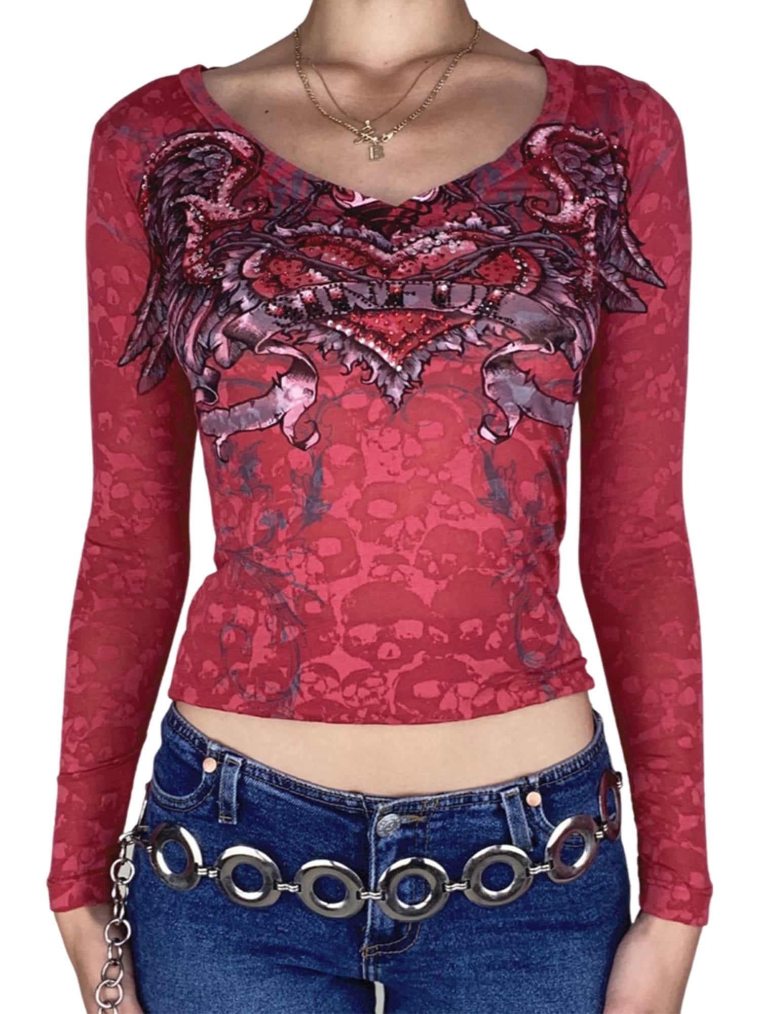 Sedceaty Women Autumn Crop Tops, Adults Slim-fit Wing Print Long Sleeve ...