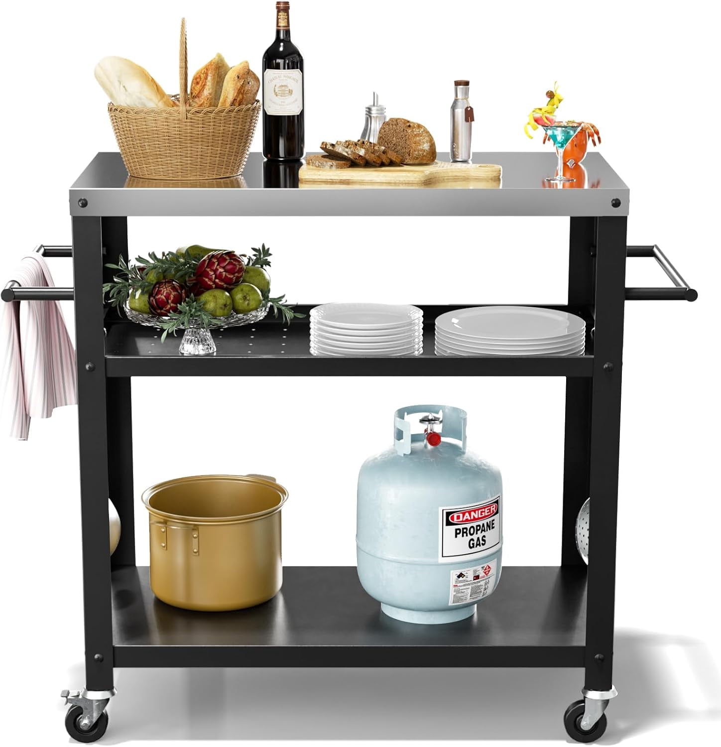 Sedeke Outdoor Stainless Steel Grill Cart Table with Three-Shelf ...