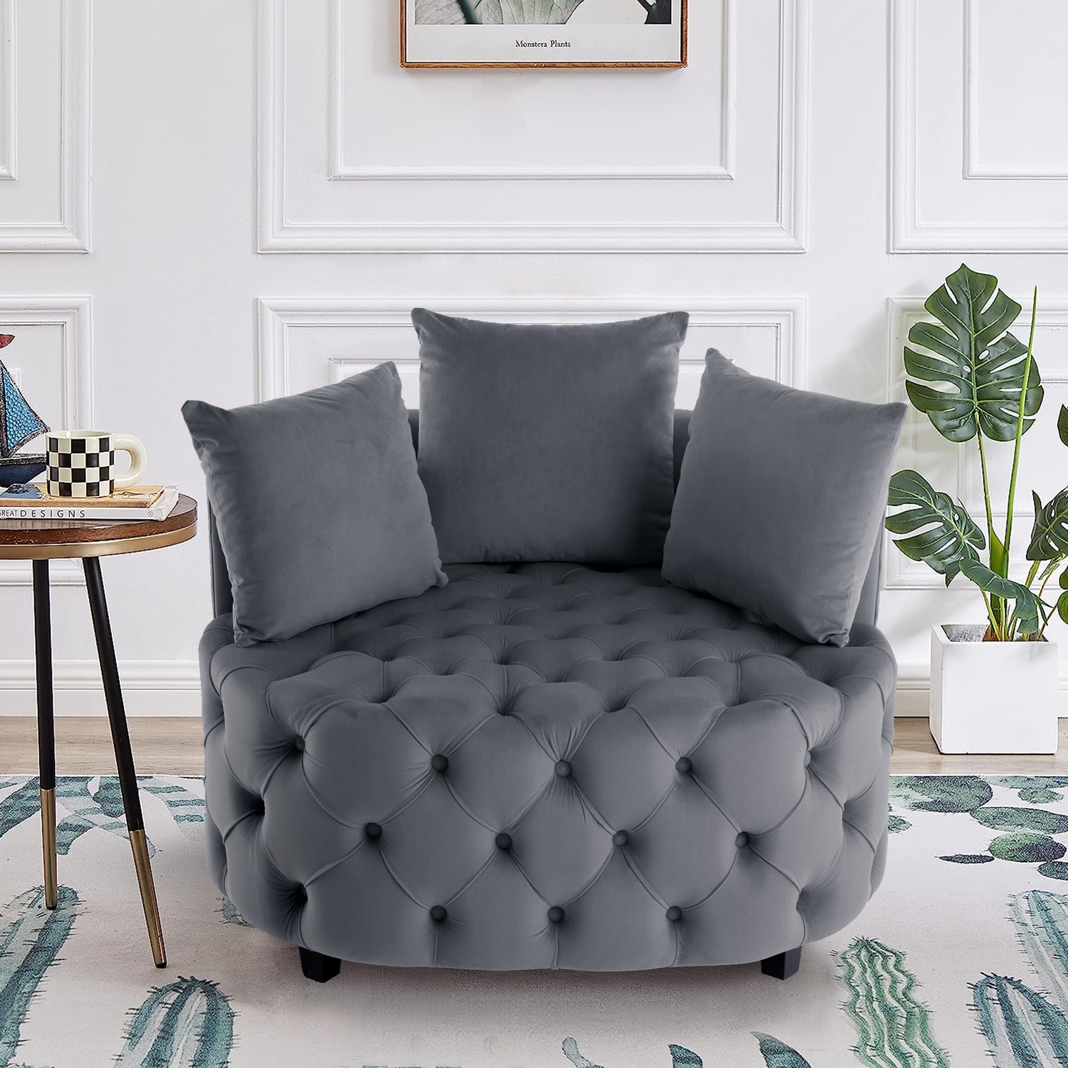 Sedona House Classical Barrel Chair Tufted Button Chair with 3 pillows ...