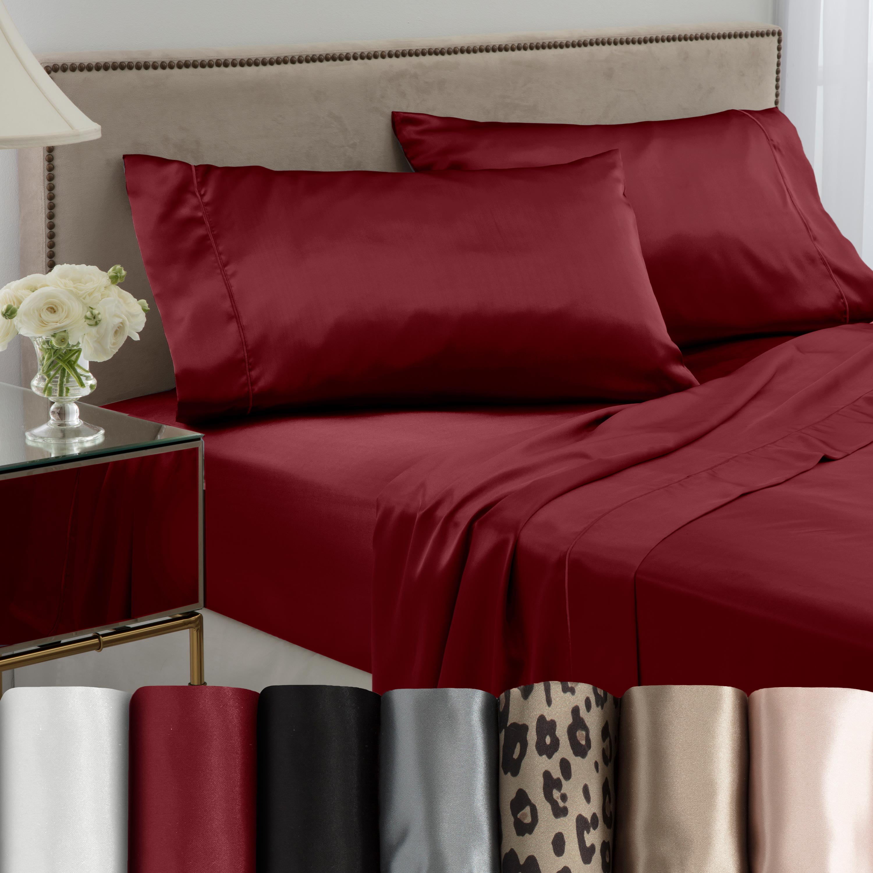 Seduction Satin Solid and Patterned Sheet Set Collection, Merlot, Twin ...