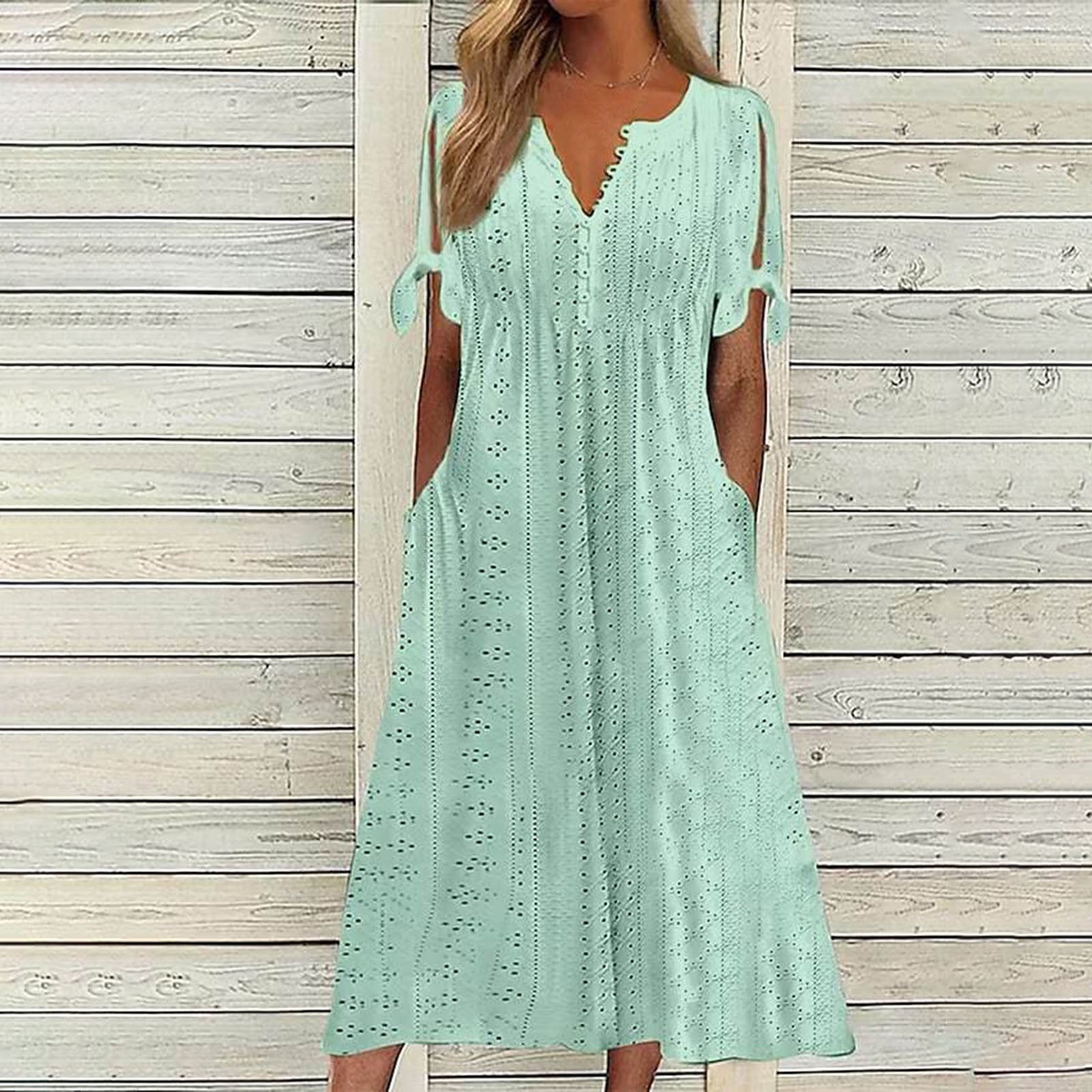 Seductiva Clearance Green Eyelet Casual Long Dress Vintage Solid Half ...