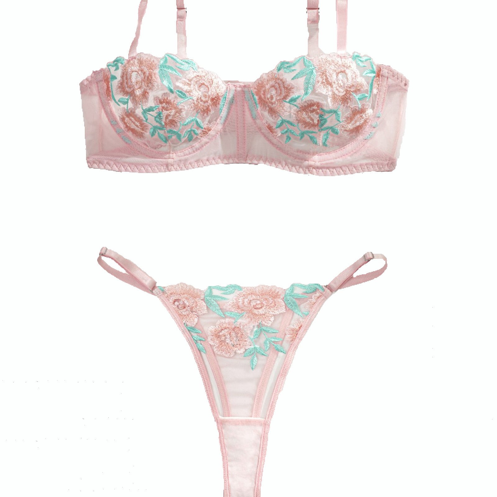 Seductive Floral Embroidery Underwire Bra and Sheer Mesh Lingerie Set ...