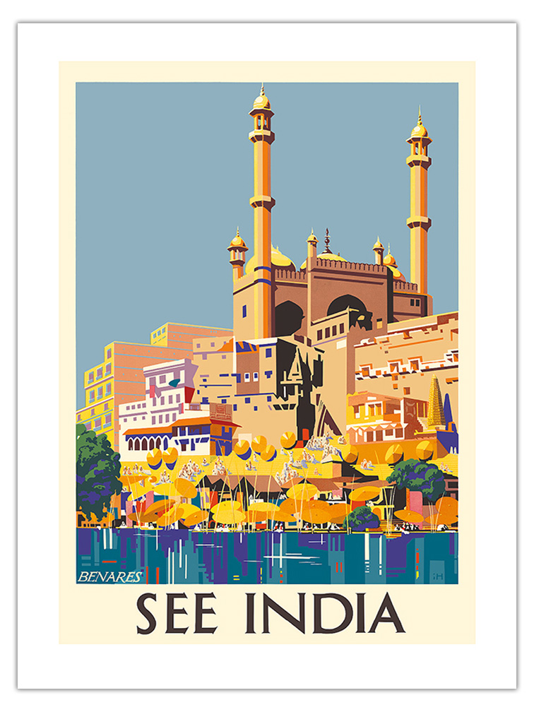 See India - Benares (Varanasi) - Ganges River - Vintage Travel Poster ...