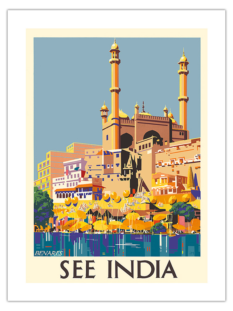See India - Benares (Varanasi) - Ganges River - Vintage Travel Poster ...