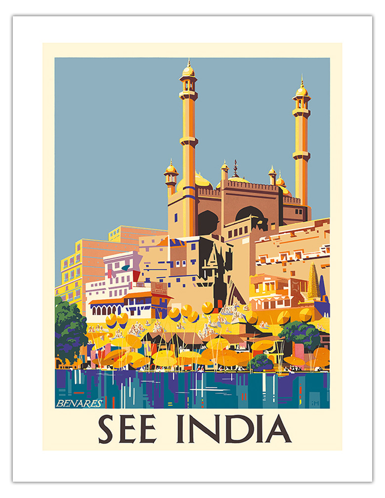 See India - Benares (Varanasi) - Ganges River - Vintage Travel Poster ...