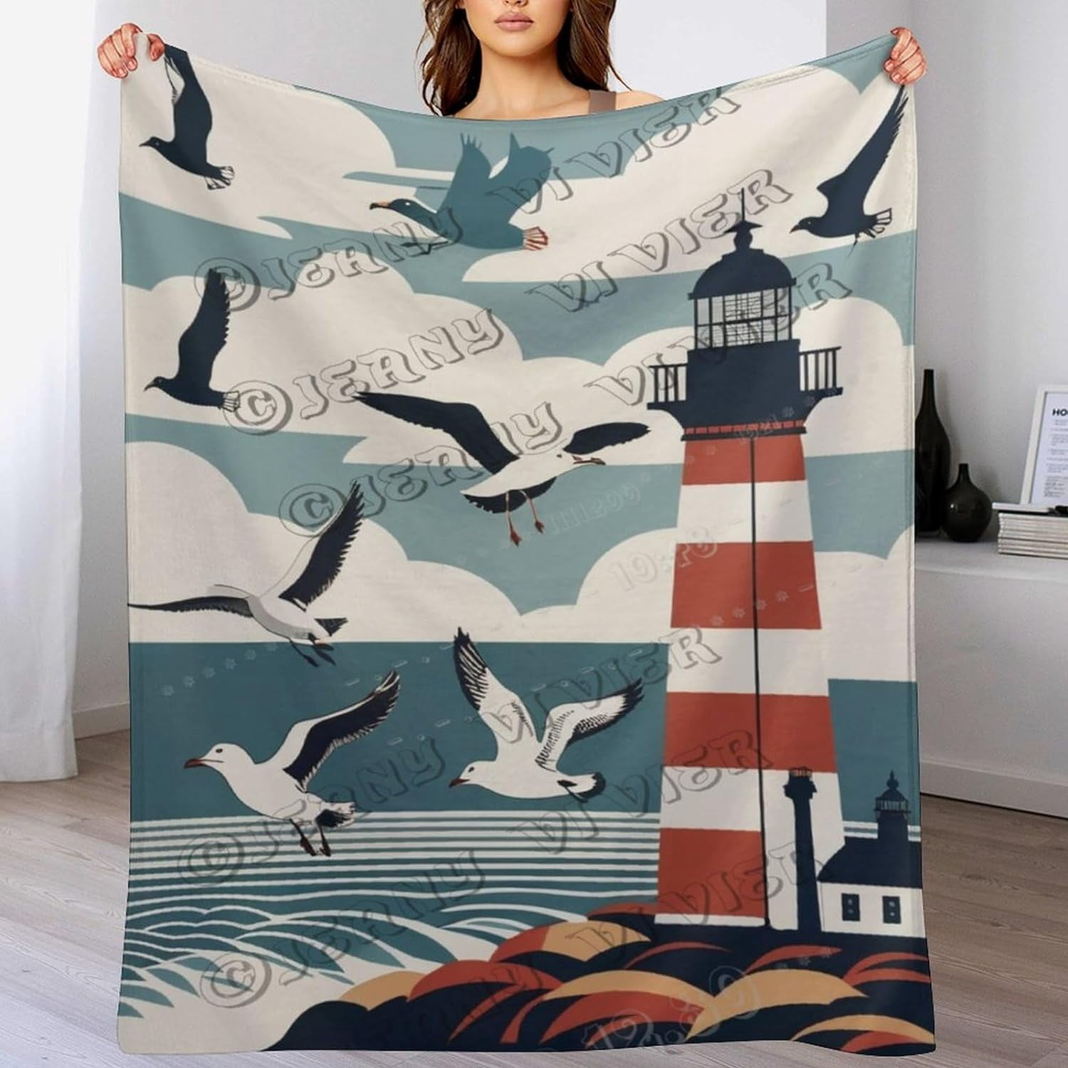 See Lighthouse Blanket Throw Nautical Blanket Sea Wave Seagull Sea ...