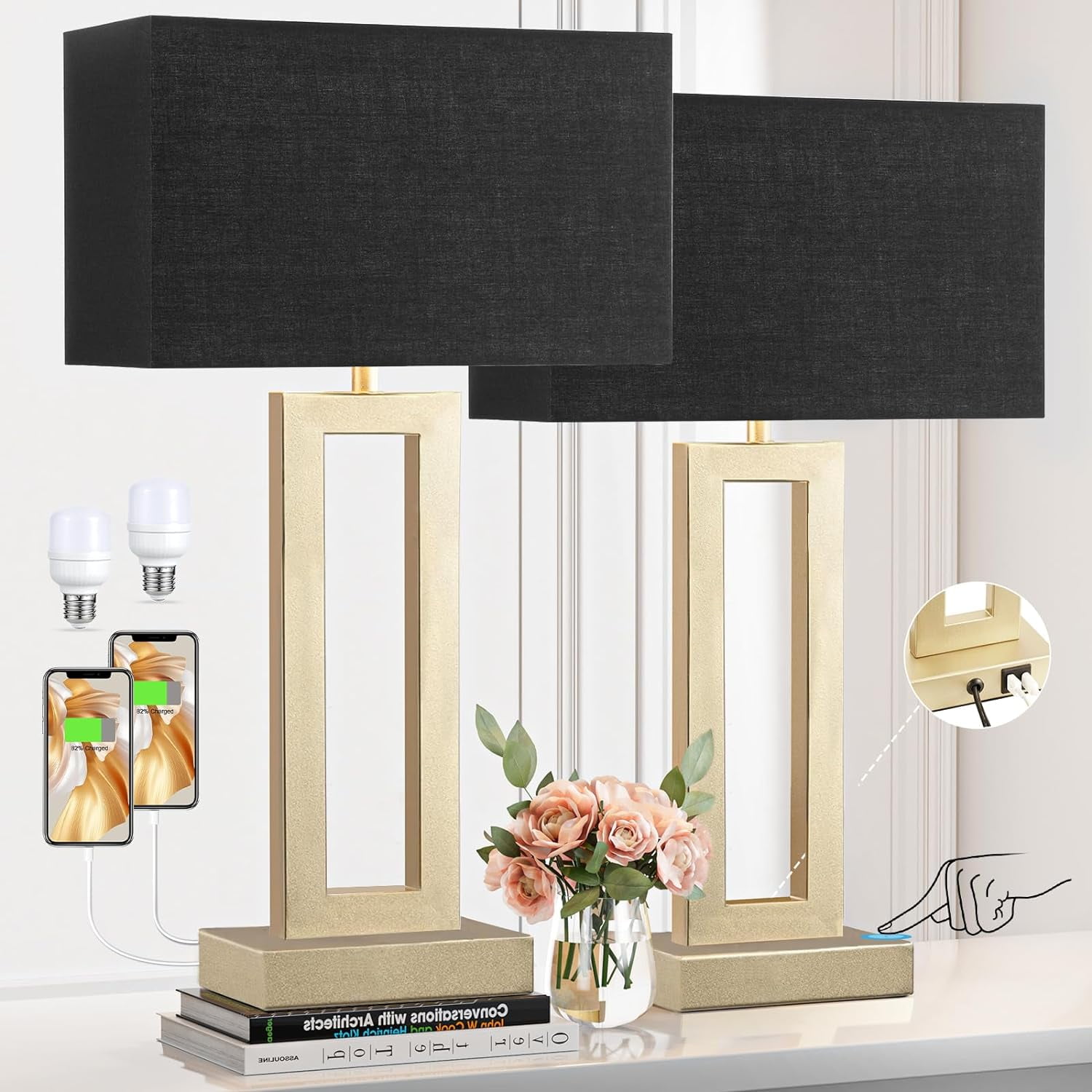 Seealle 22" Tall Bedroom Lamps for Living Room - Touch Gold Bedside ...