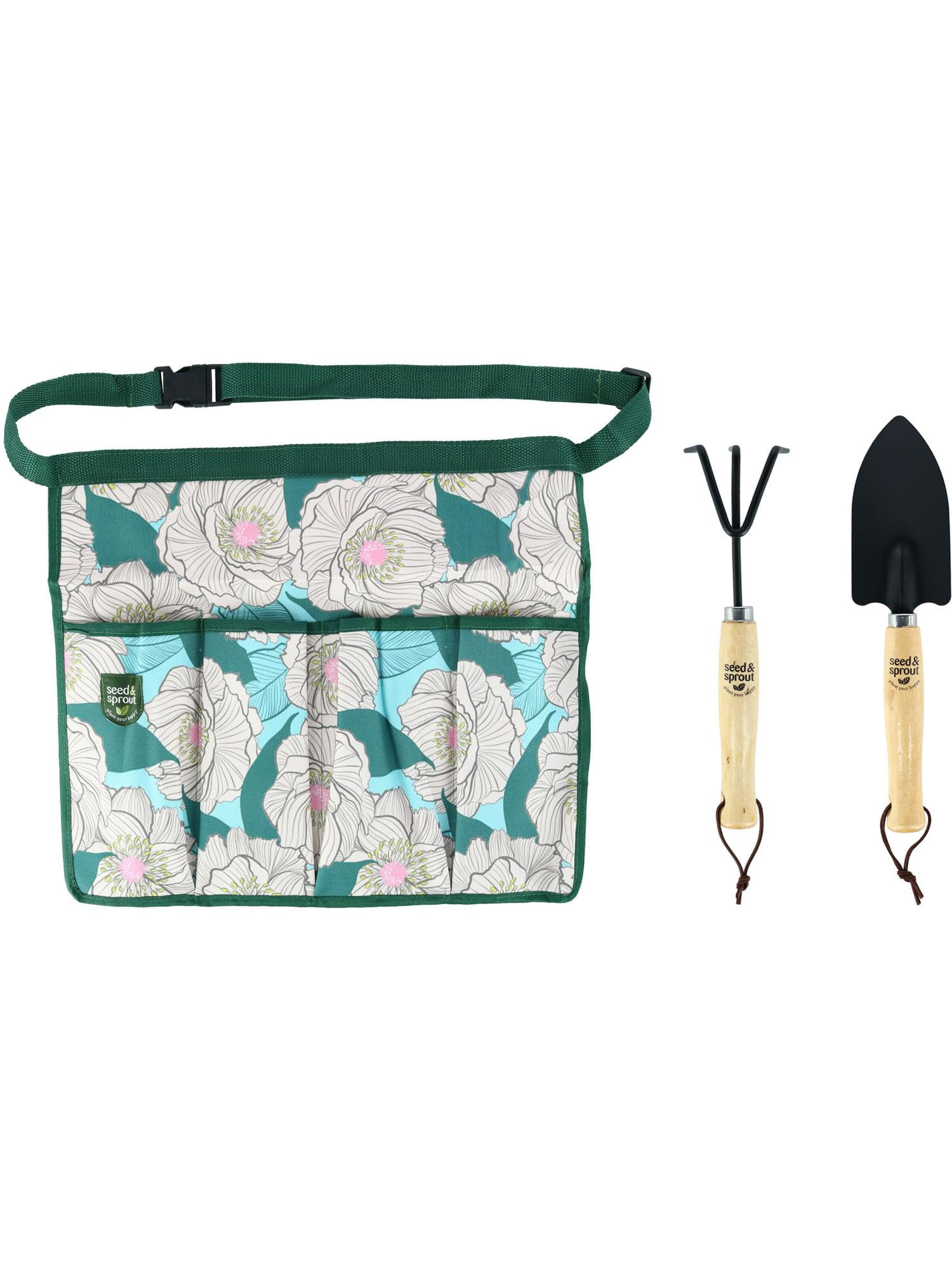 Seed & Sprout Gardening Set with Floral Apron Hand Shovel and Rake ...