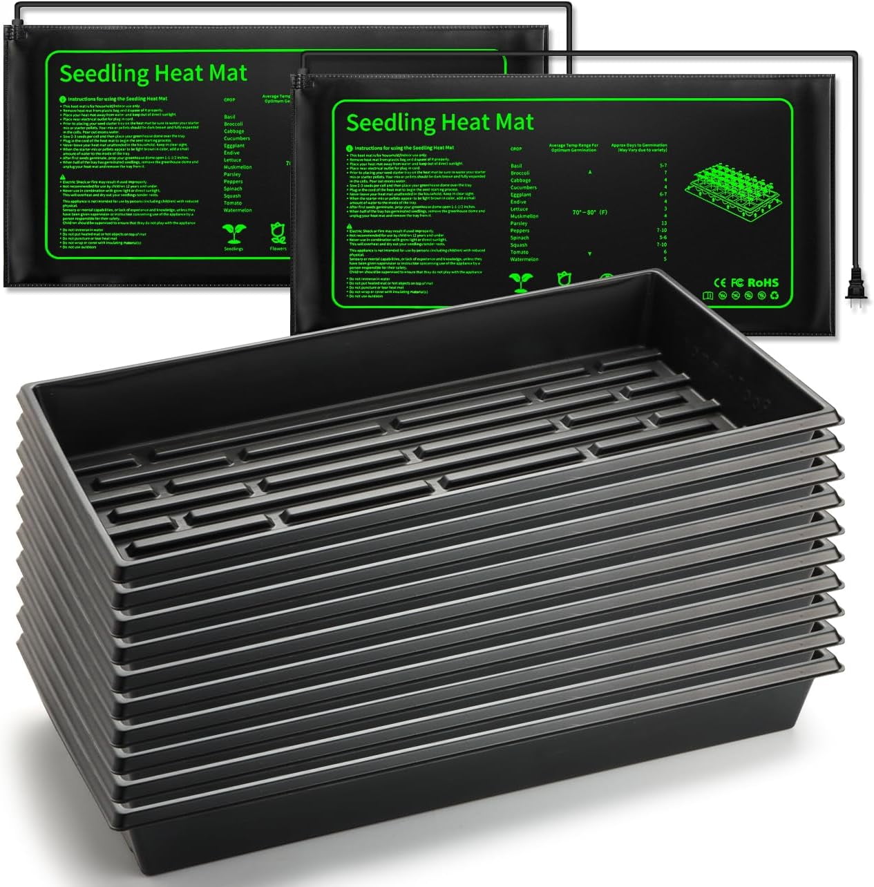 Seed Starter Kit - 10 Pack 1020 Seed Trays with 2 Seedling Heat Mats ...