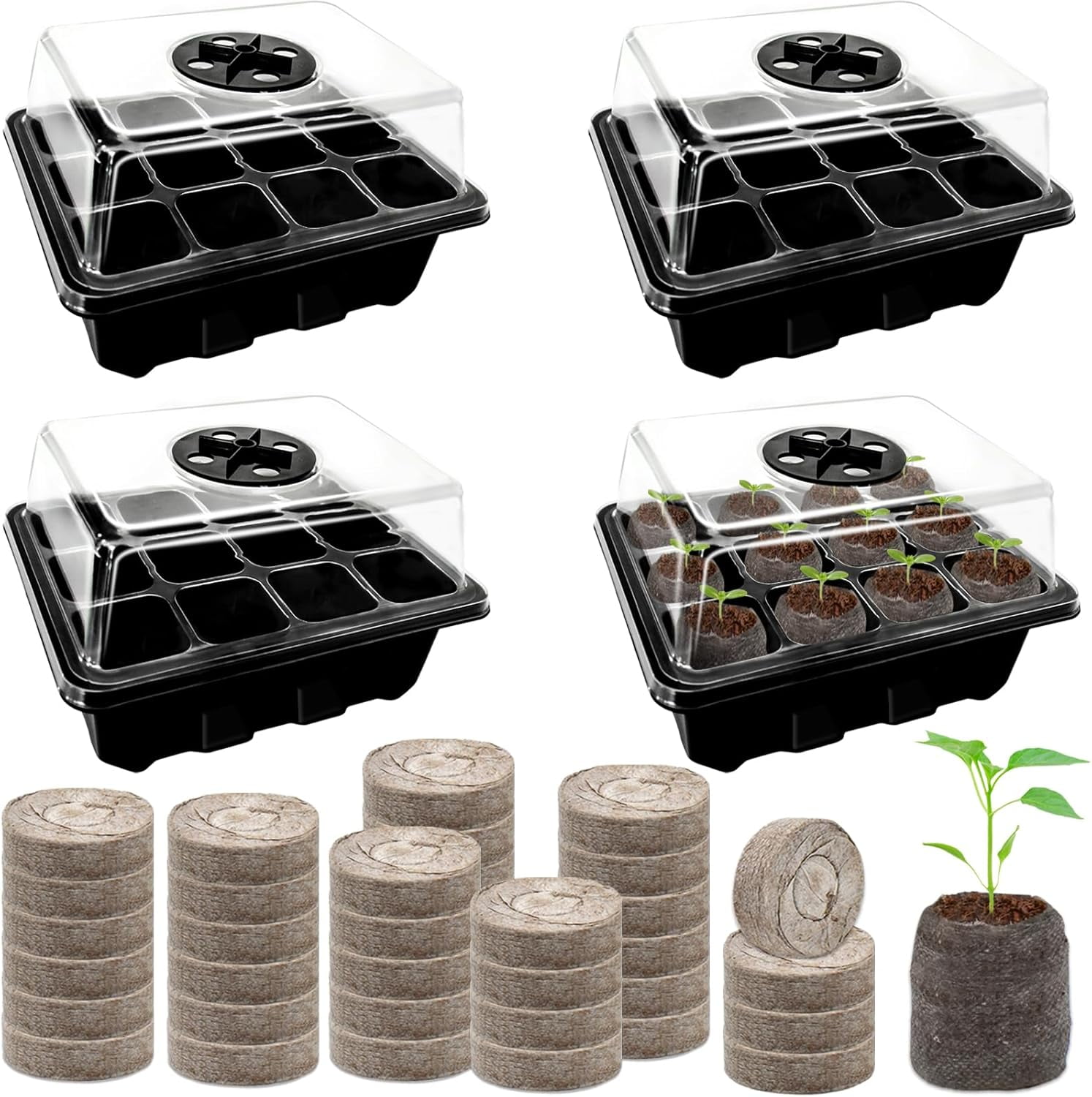 Seed Starter Kit 4 Pack 48 Cells Black Tray with 50 PCS Peat Pellets ...