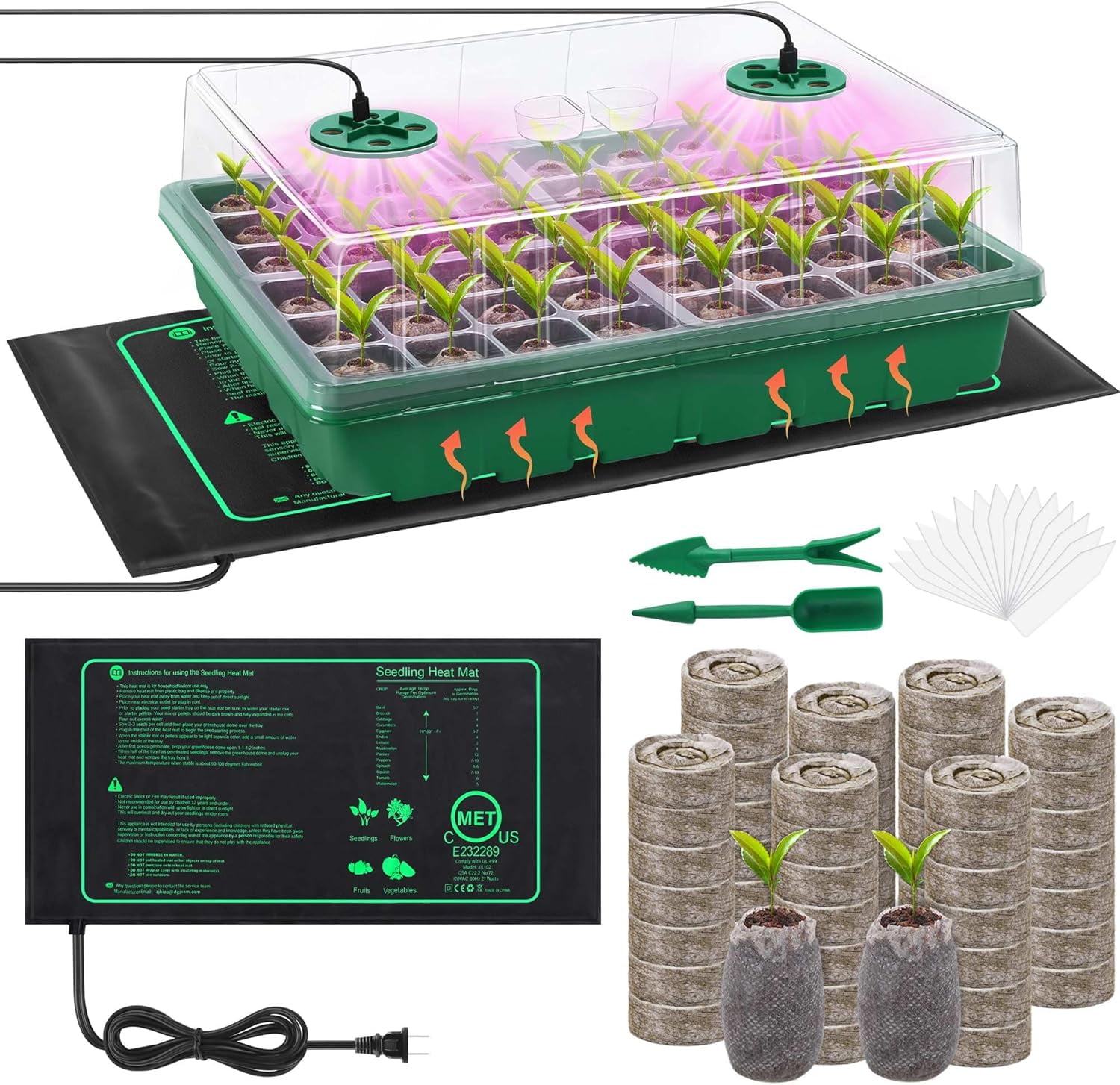 Seed Starter Kit with Grow Light Seedling Heat Mat 48 Cells Tray ...