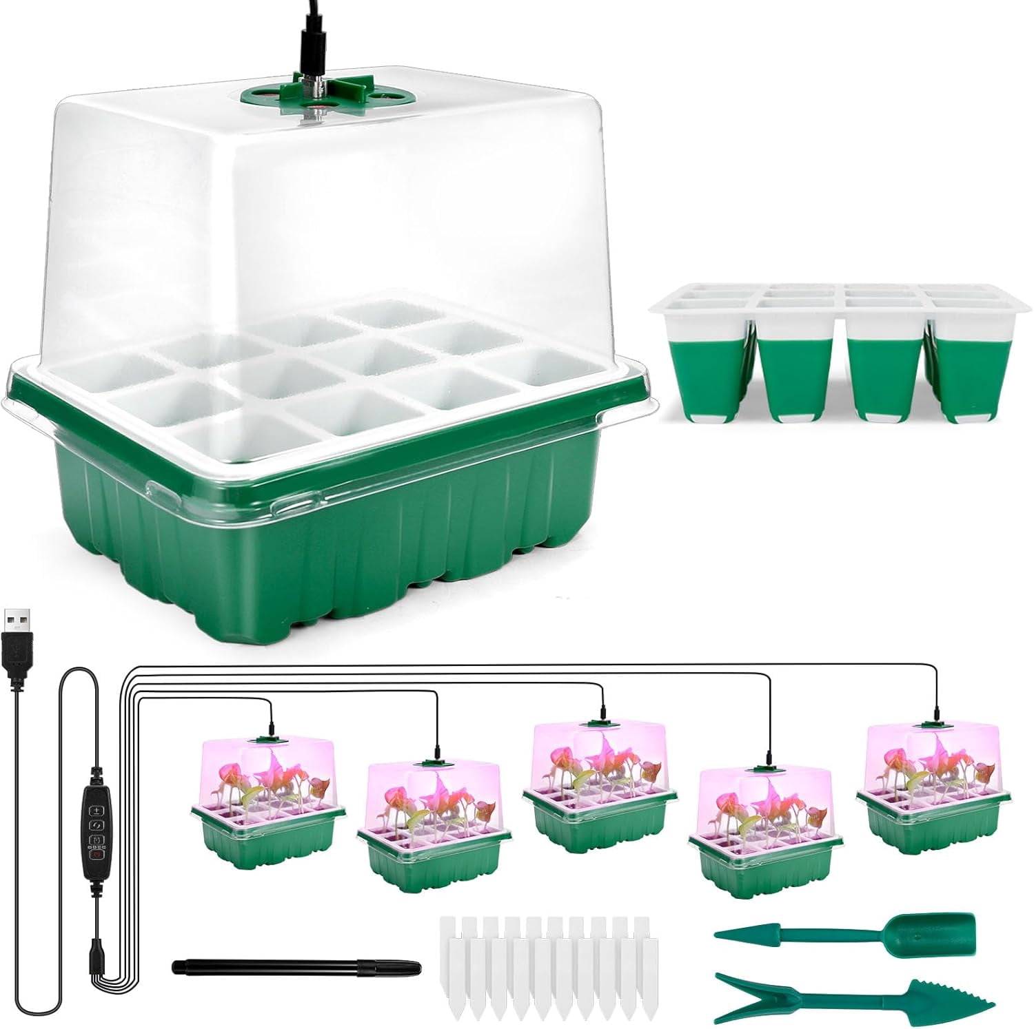 Seed Starter Tray 5 Pack Seed Starter Kit with Grow Light and Humidity ...